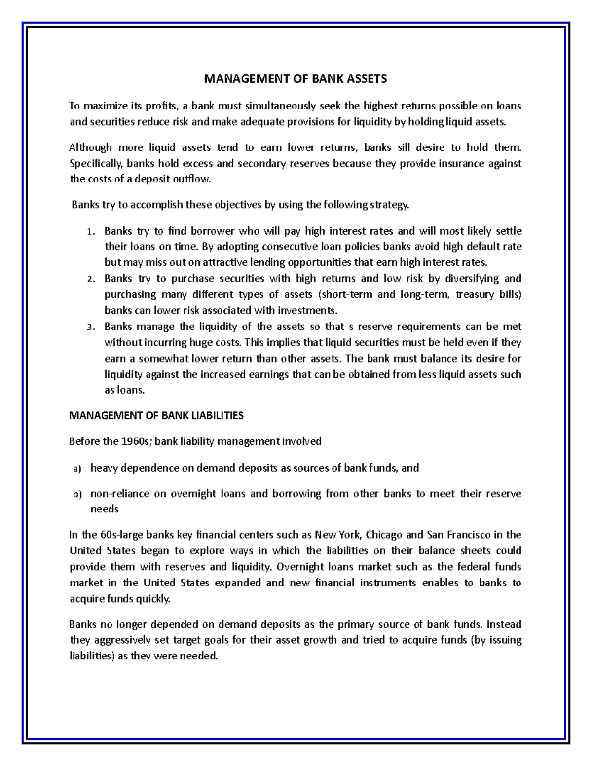 Management OF BANK Assets - MANAGEMENT OF BANK ASSETS To maximize its ...