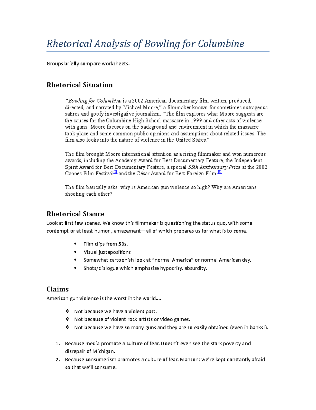 Bowling for Columbine Notes - ENG4U - U of T - Studocu