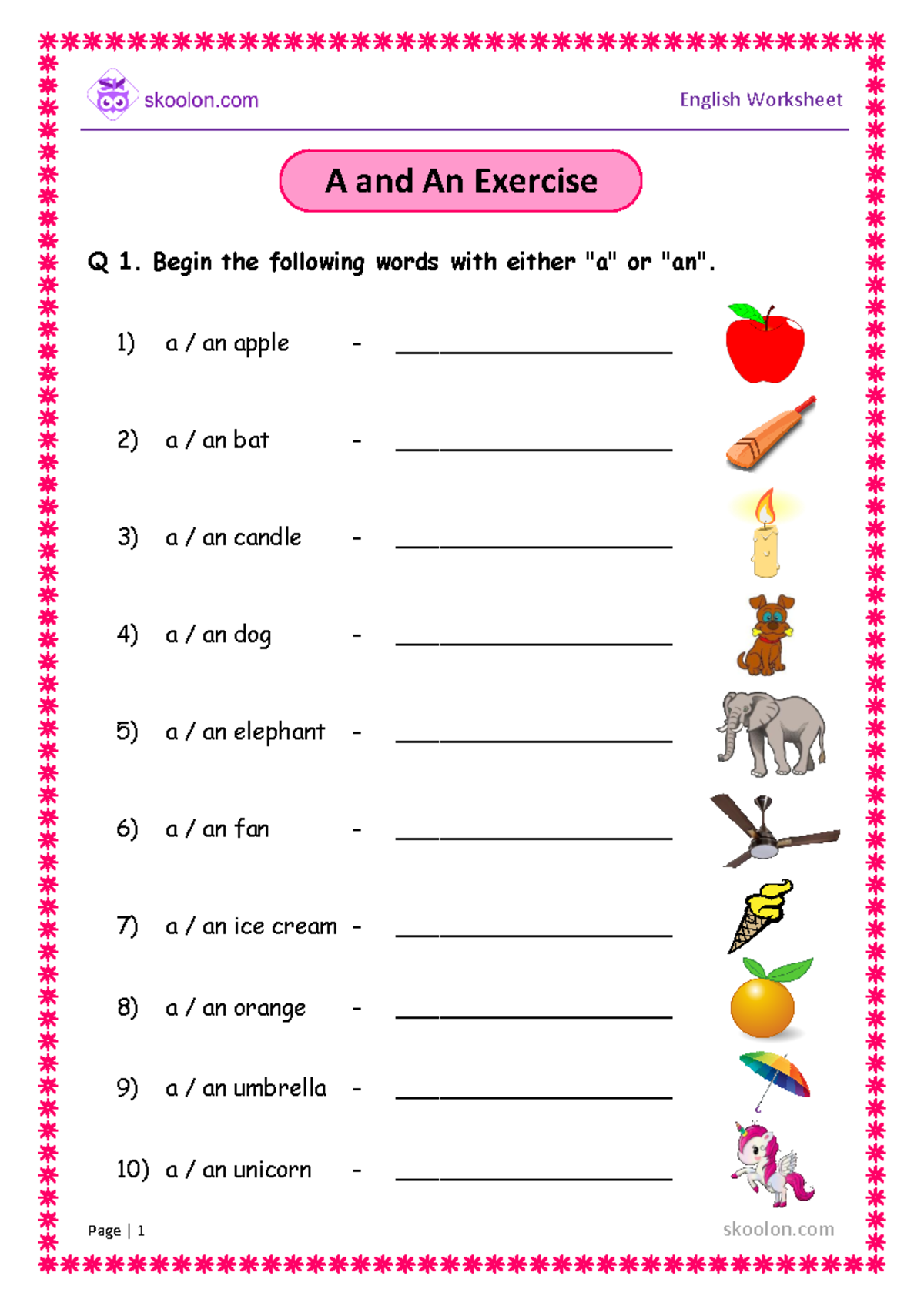 G1 English Articles a an 563 - Page | 1 skoolon English Worksheet A and ...
