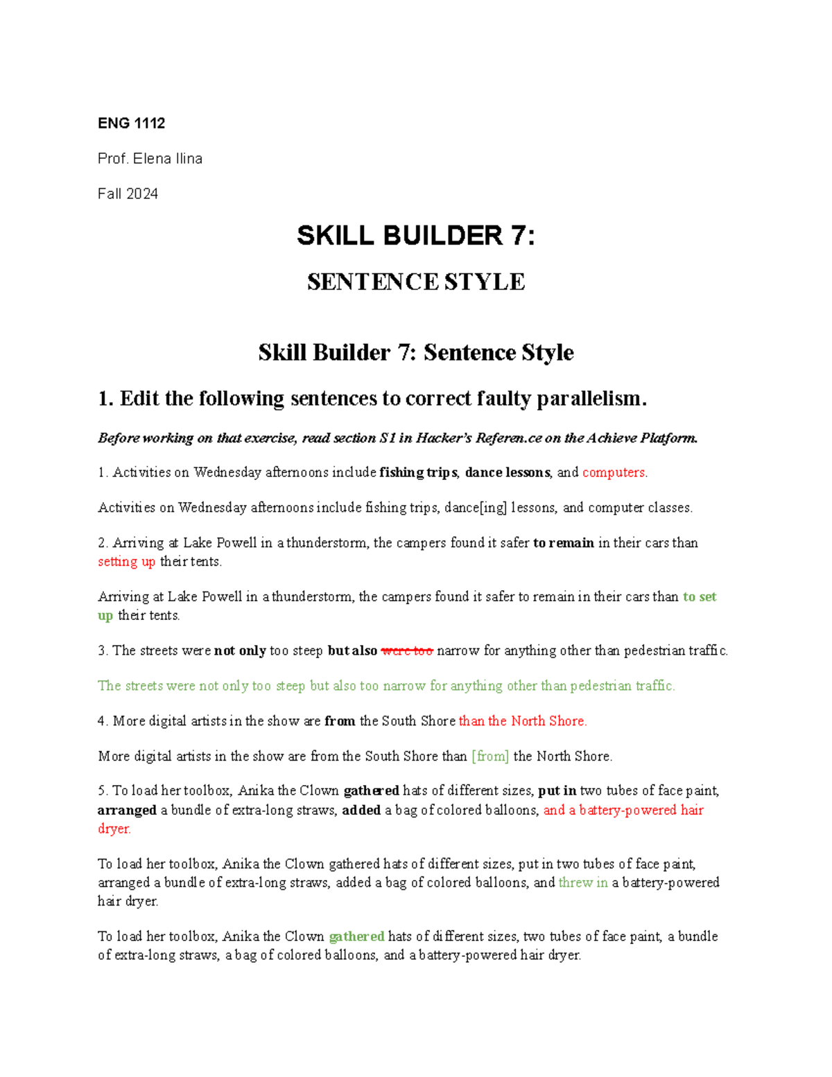 Skill Builder 7 Sentence Style - ENG 1112 Prof. Elena Ilina Fall 2024 ...