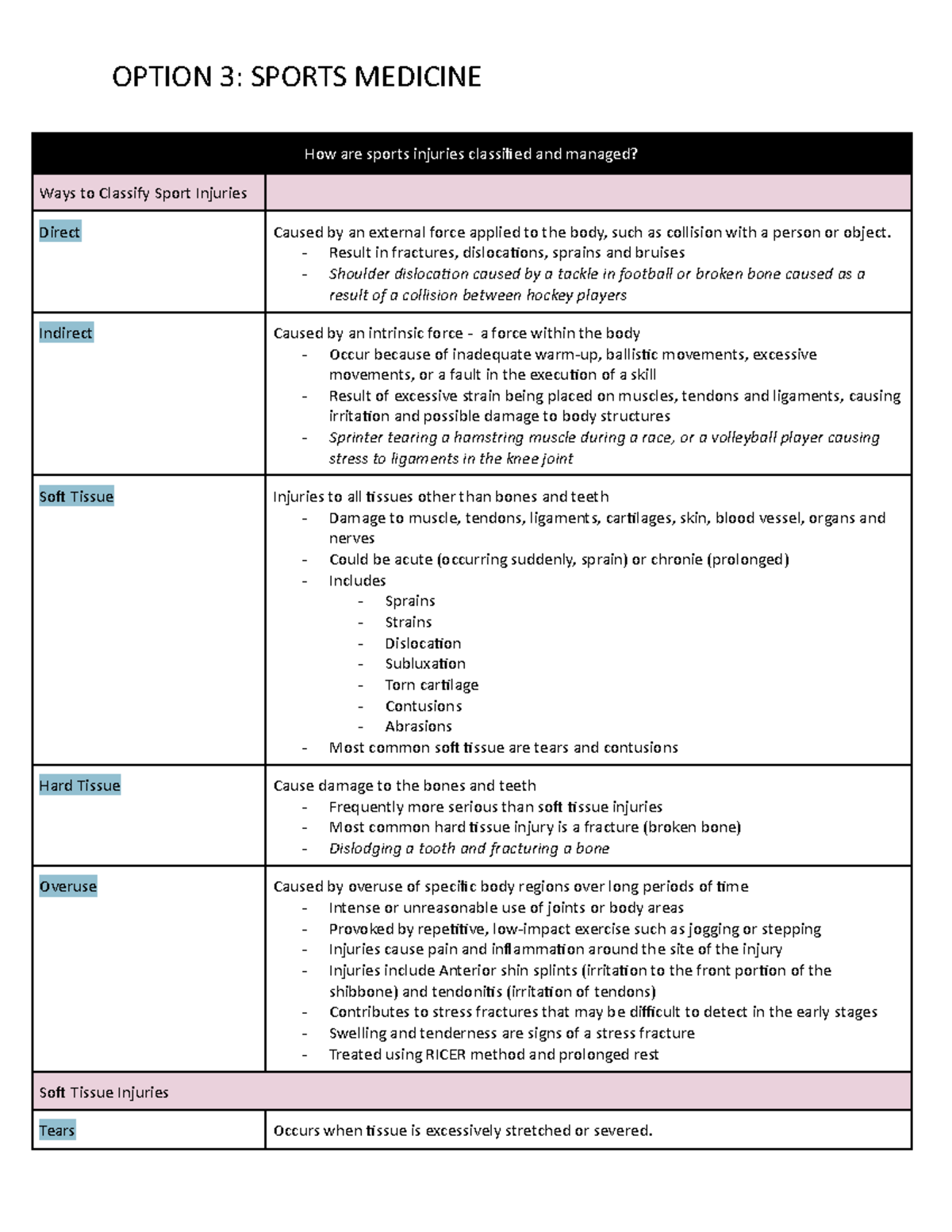 HSC PDH Notes Sports Medicine - OPTION 3: SPORTS MEDICINE How are ...