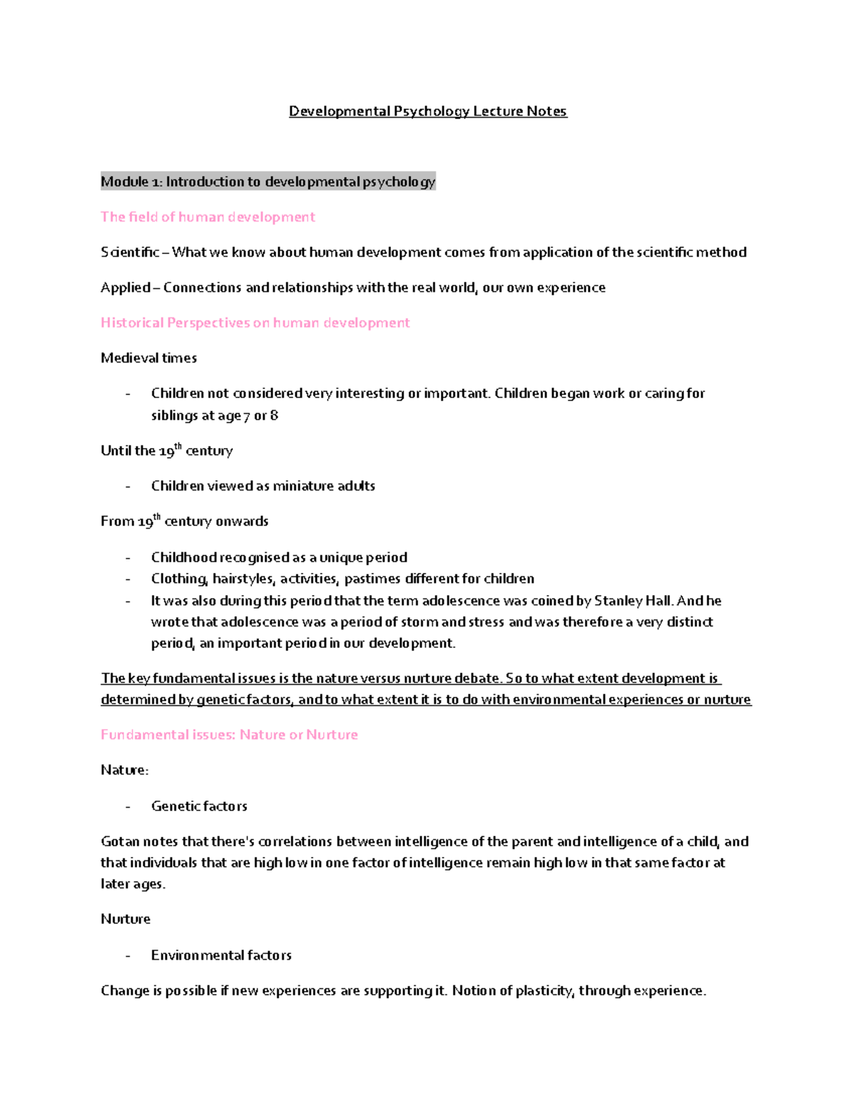 Developmental Psych Lecture Notes - Developmental Psychology Lecture ...