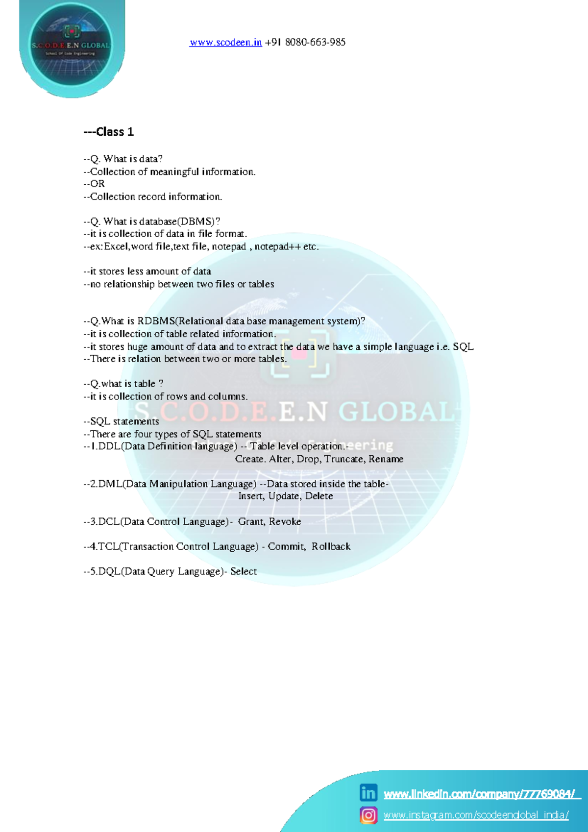 SQL Notes -Class 1 -Q. What is data? -Collection of meaningful ...