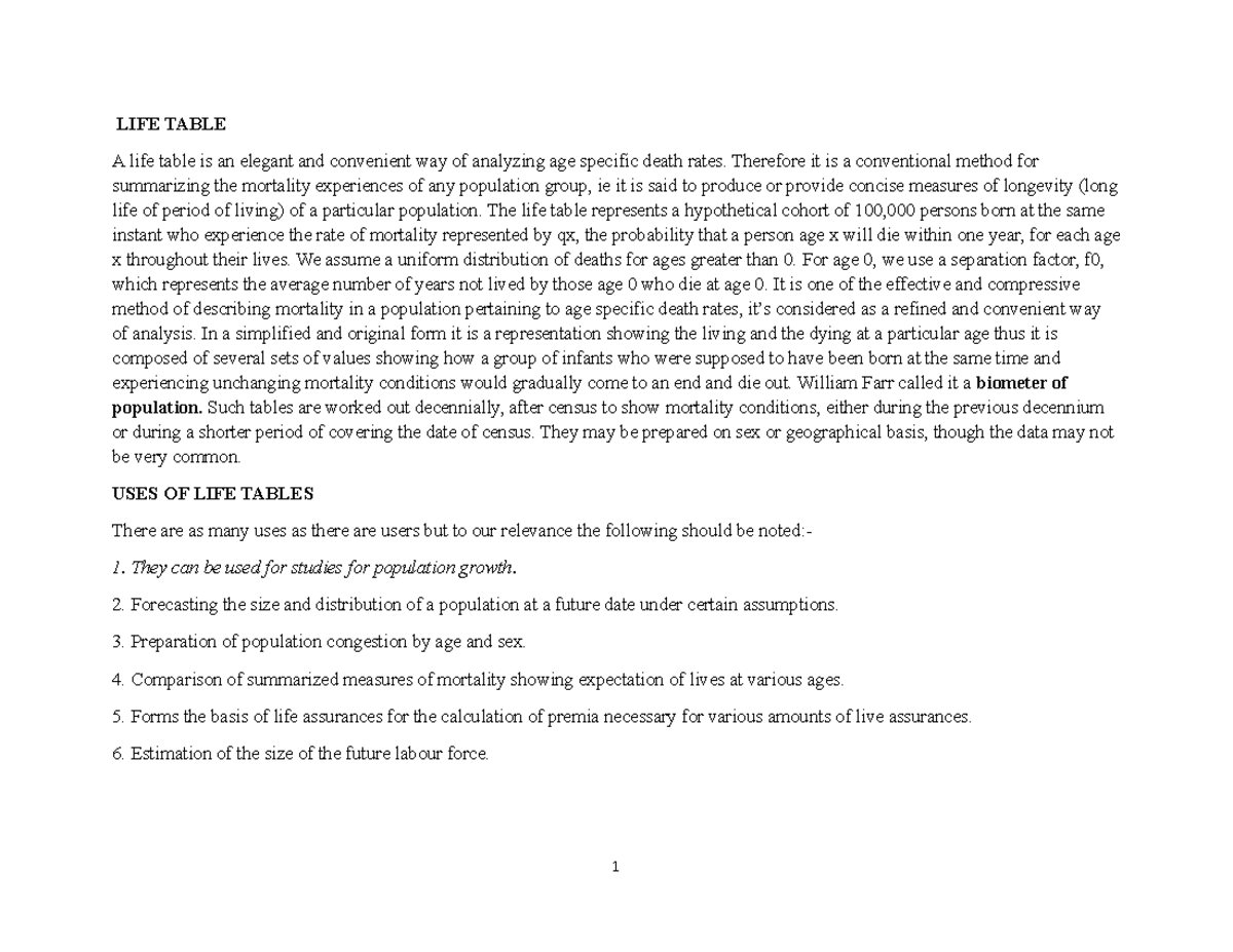 Life table notes-July 2021 - LIFE TABLE A life table is an elegant and ...