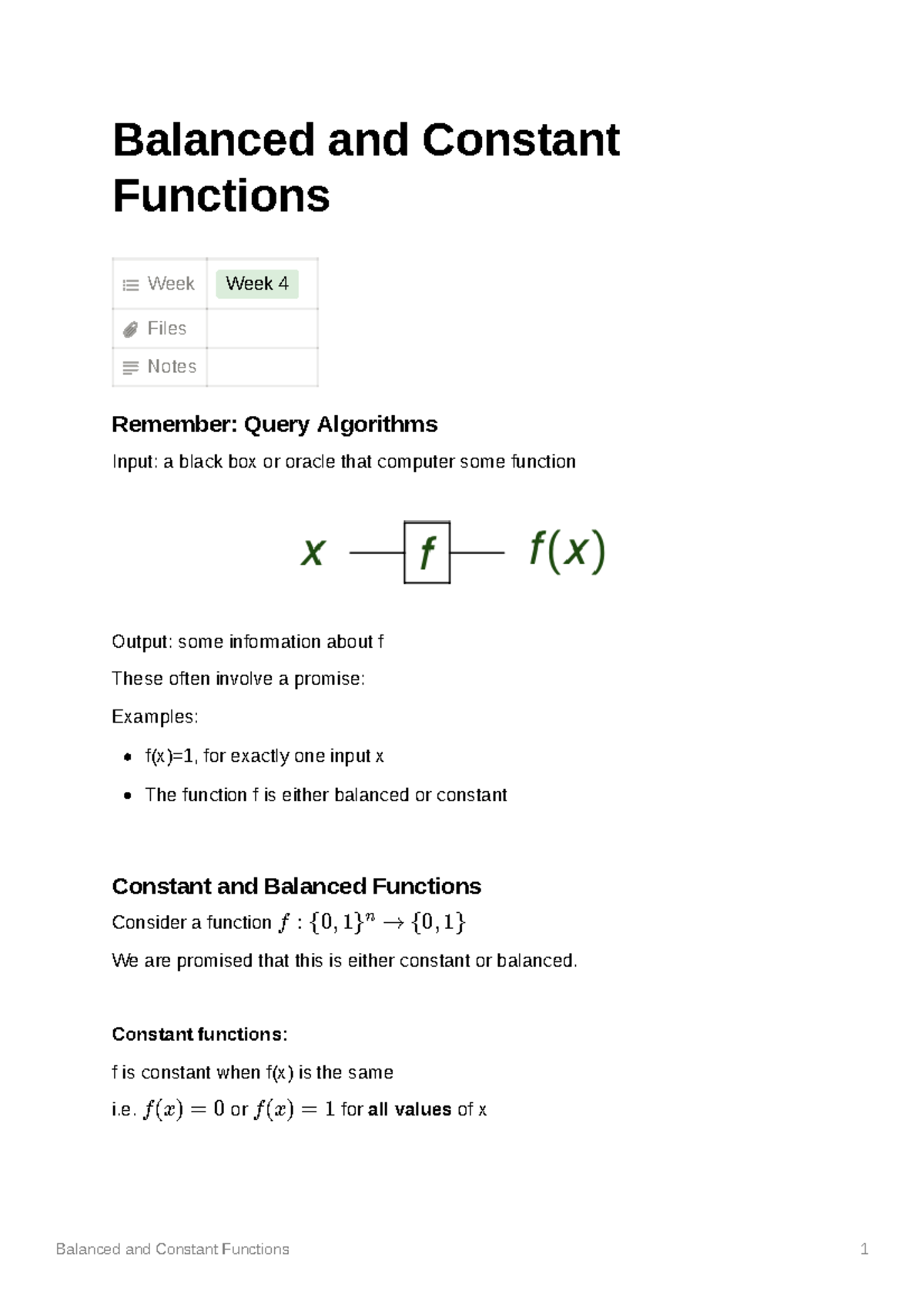 Week 4 balanced and constant functions - Balanced and Constant ...