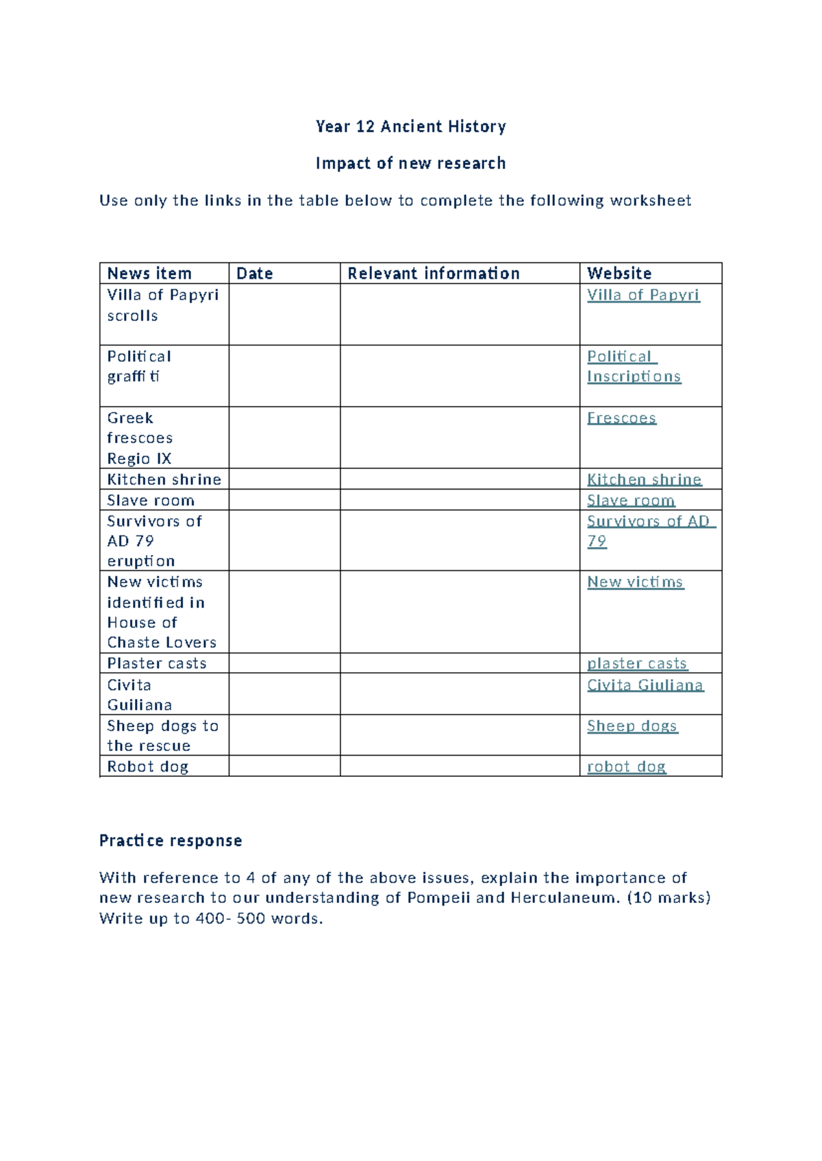 Impact of new research 2024 worksheet - pompeii and herculaneum - Year ...