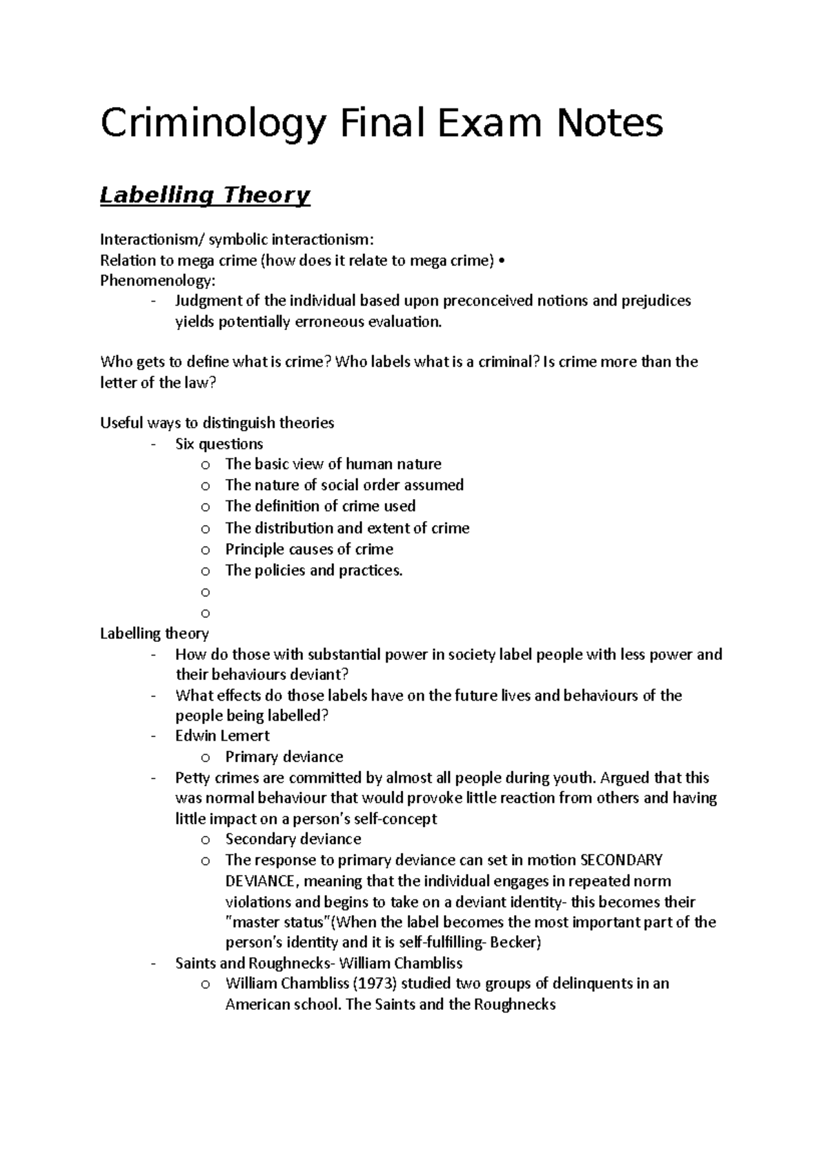 Criminology Final Exam Notes - Criminology Final Exam Notes Labelling ...