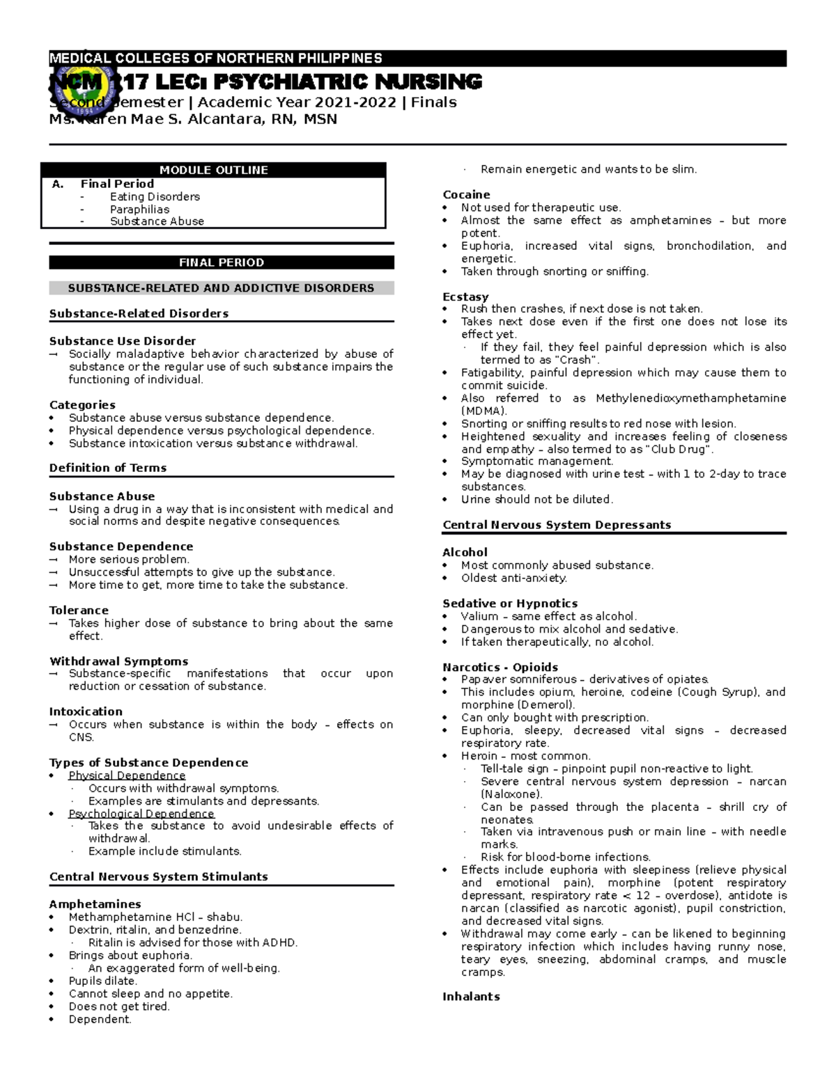 NCM 117 LEC Finals - N/a - MEDICAL COLLEGES OF NORTHERN PHILIPPINES NCM ...