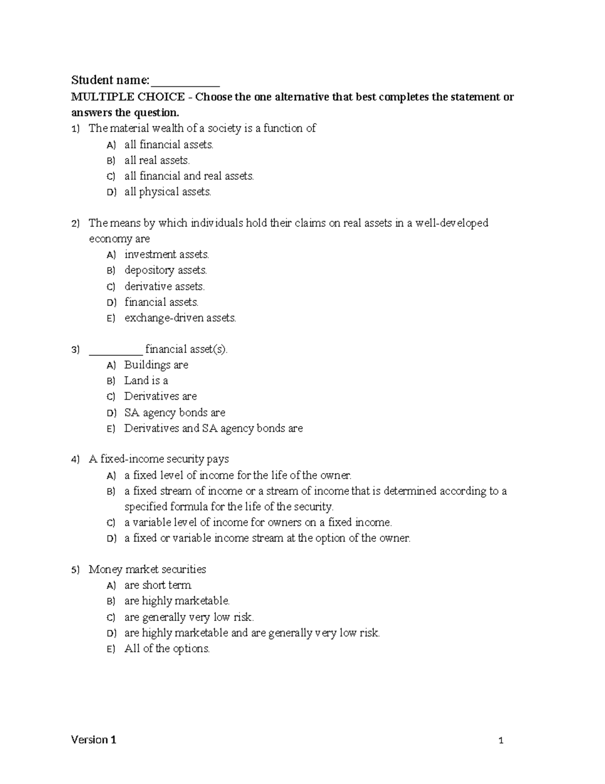 Cahpter 1 version 1 quiz online - Student name:__________ MULTIPLE ...