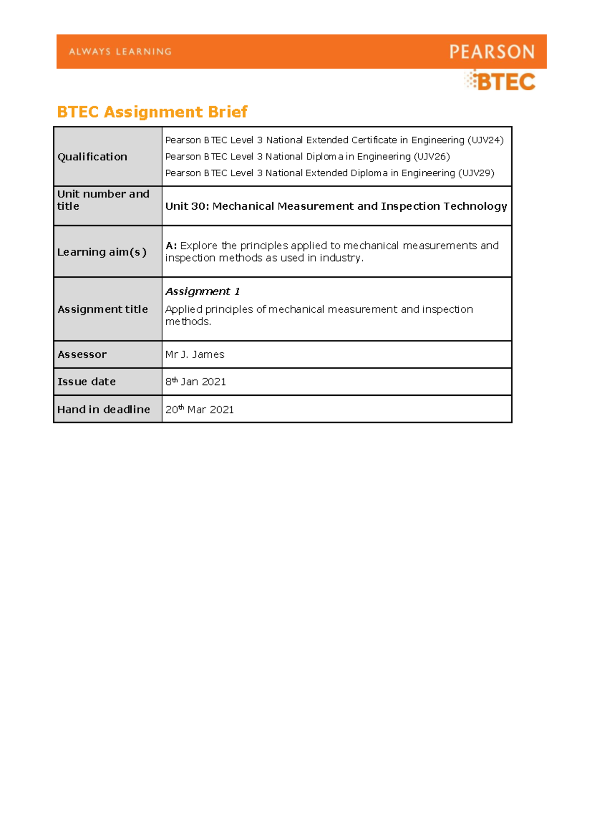 Assignment 1 RQF - Engineering - BTEC Assignment Brief Qualification Pearson BTEC Level 3 ...
