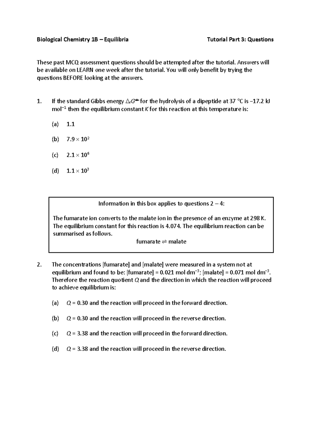 BC1B Equilibria Tutorial Part 3 Questions - Biological Chemistry 1B ...