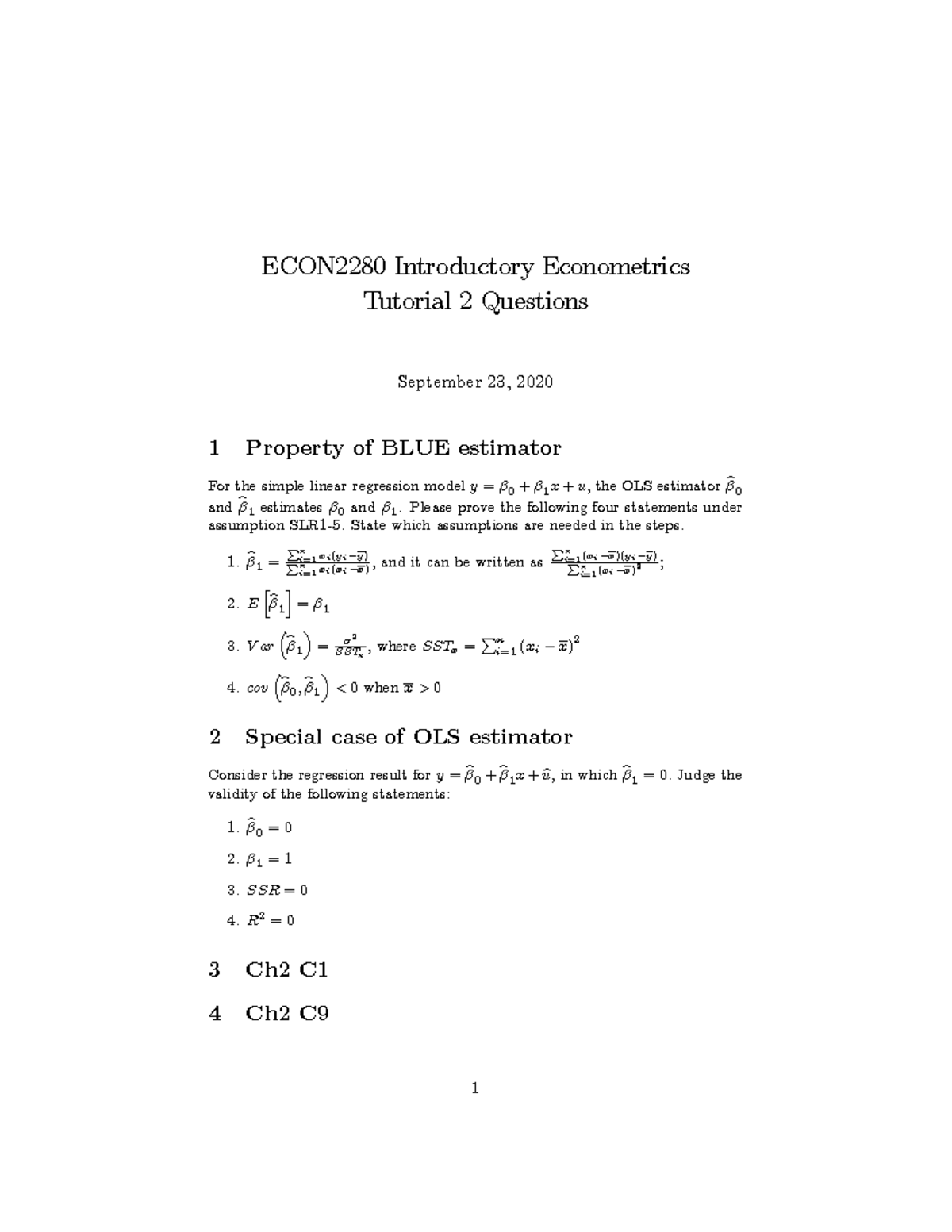 ECON2280 AB Tutorial 3 questions - ECON2280 Introductory Econometrics Tutorial 2 Questions ...