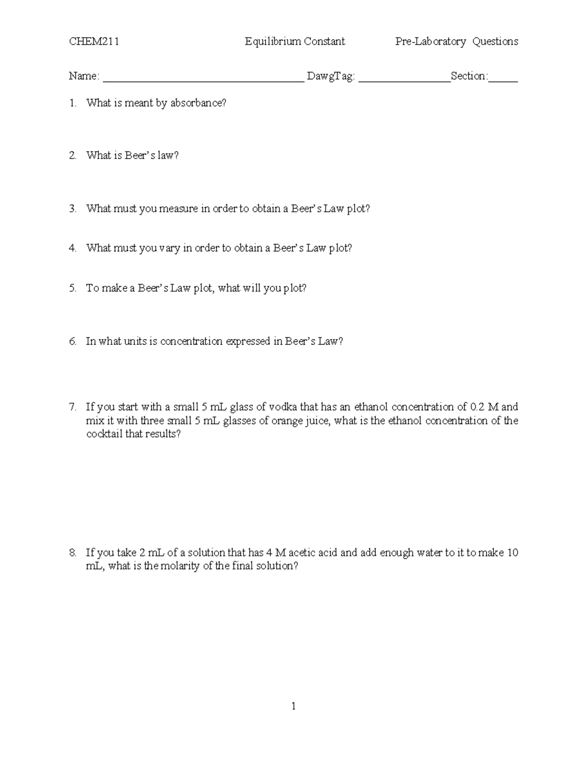 Chem211-Equilibrium Constant-Pre Lab - CHEM211 Equilibrium Constant ...