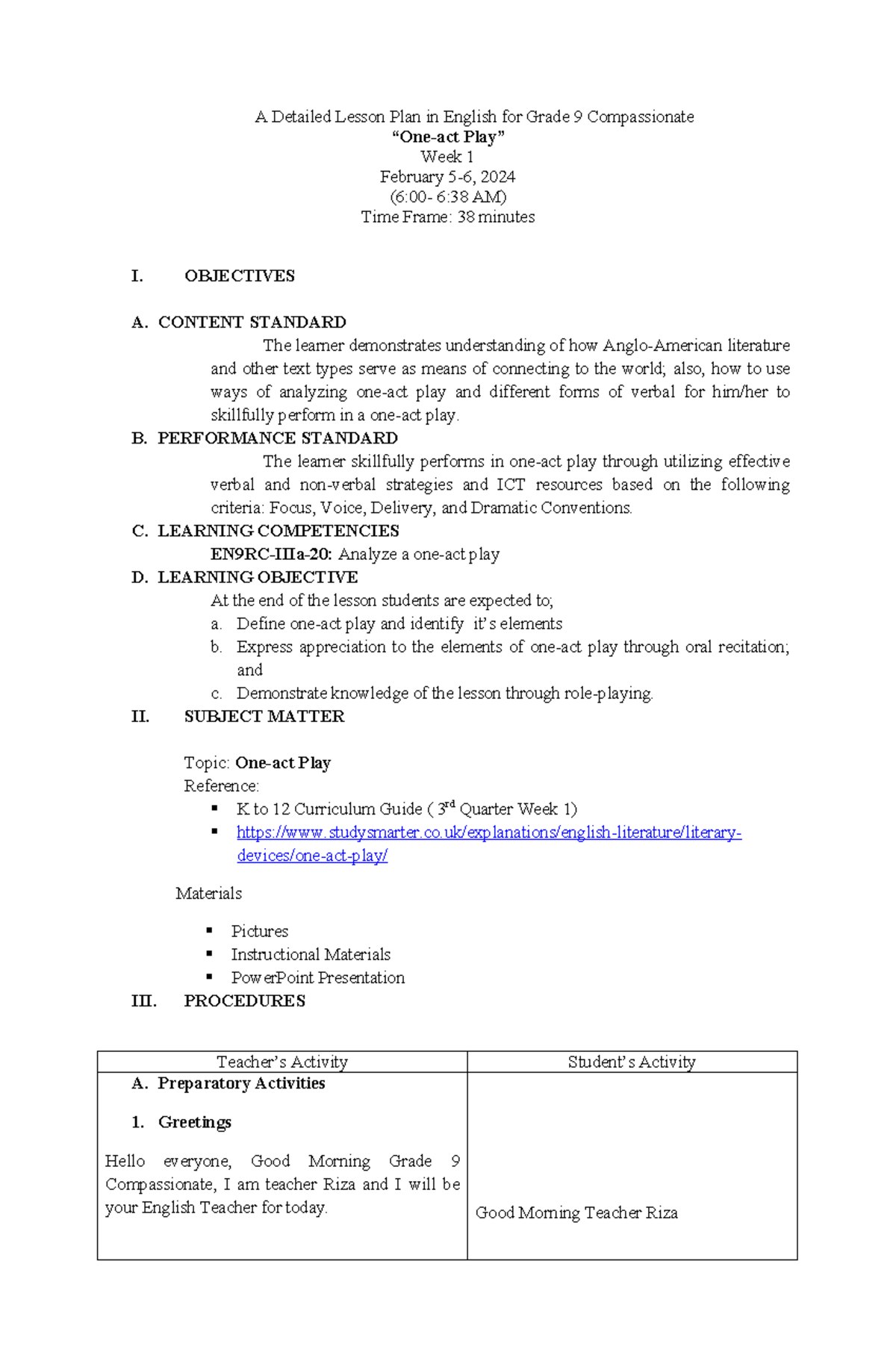 Detailed- Lesson PLAN-WEEK 1 - A Detailed Lesson Plan in English for ...