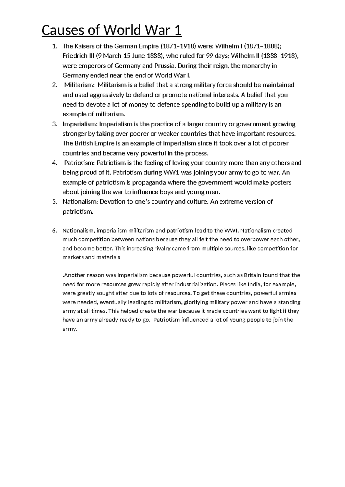 History ww1 homework - Causes of World War 1 1. The Kaisers of the ...