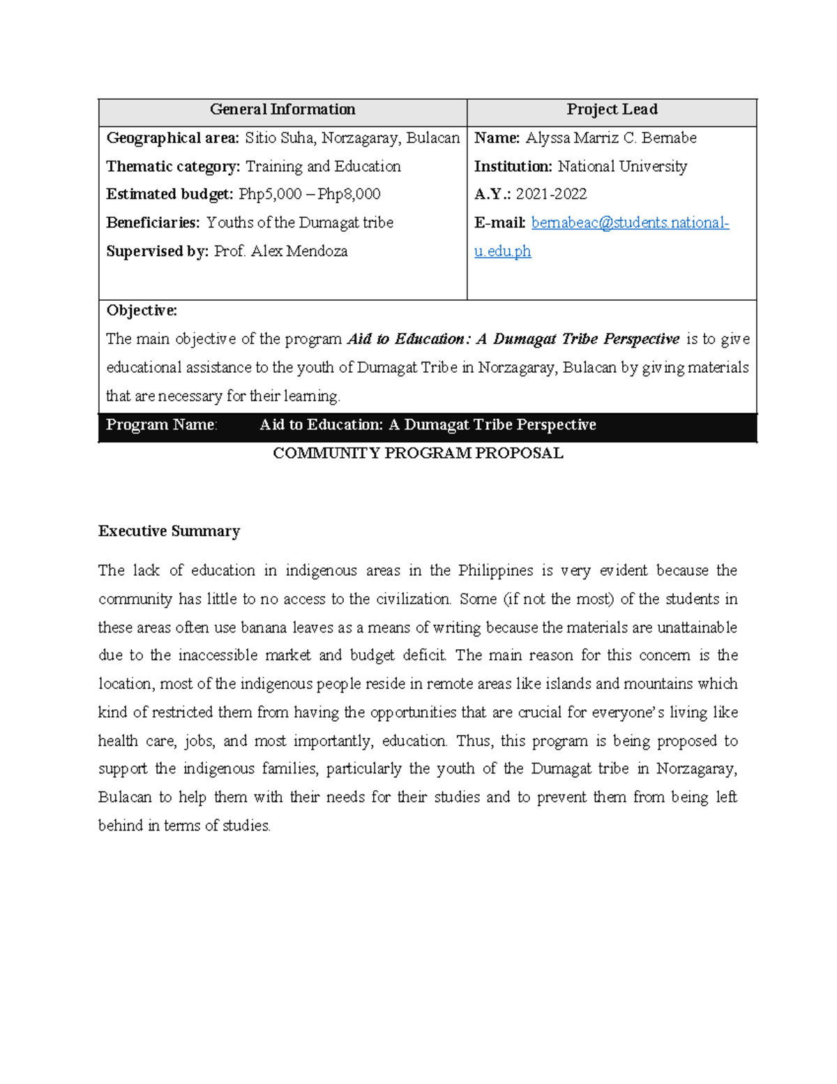 Community Program Proposal - General Information Project Lead ...