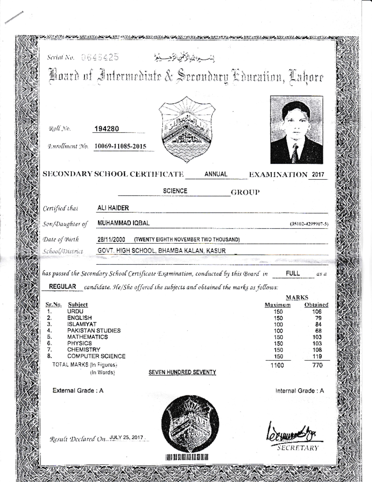 Matric Sanad - .\r'l'irtl ,'rr. rl i Lrrl;If l f: t Ili ji riin'rli ...