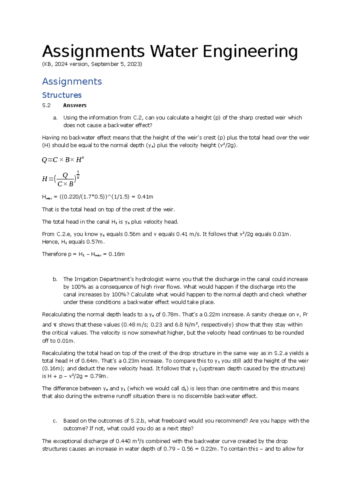 Water engineering assignments 2024 S2 answer - Assignments Water Engineering (KB, 2024 version ...
