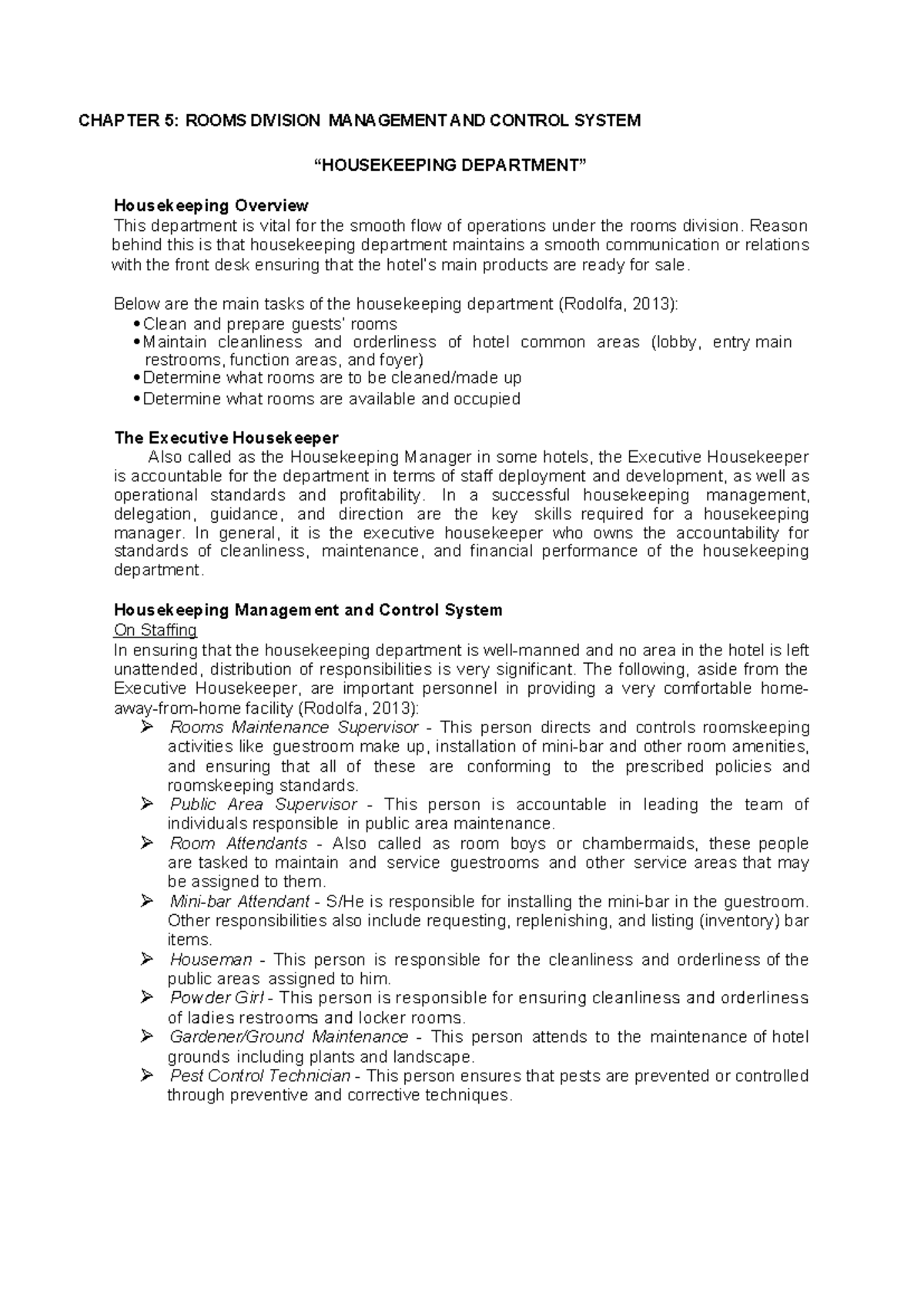 Chapter 5- Housekeeping Department - CHAPTER 5: ROOMS DIVISION ...