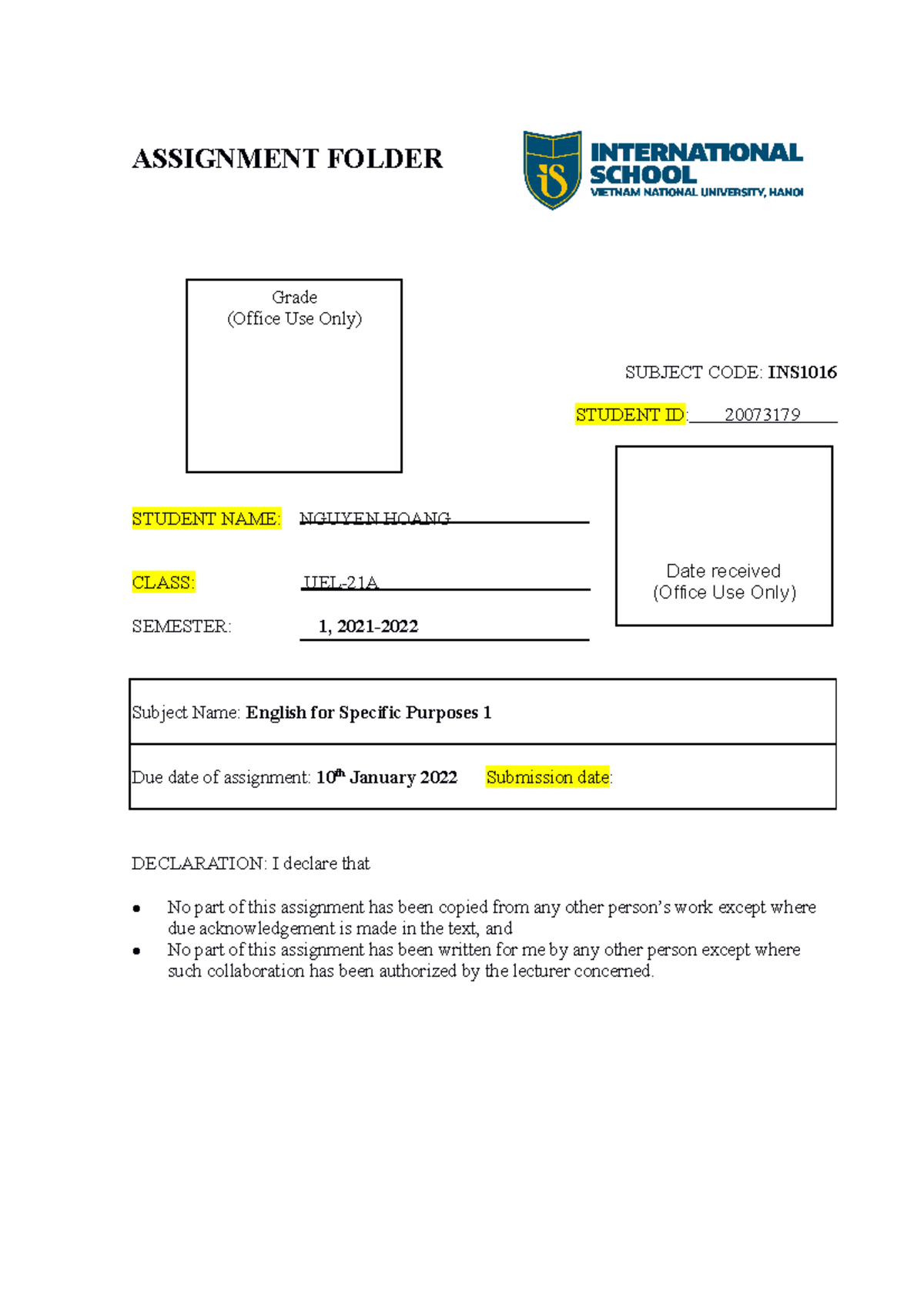 INS1016 Assignment form - ASSIGNMENT FOLDER SUBJECT CODE: INS STUDENT ...