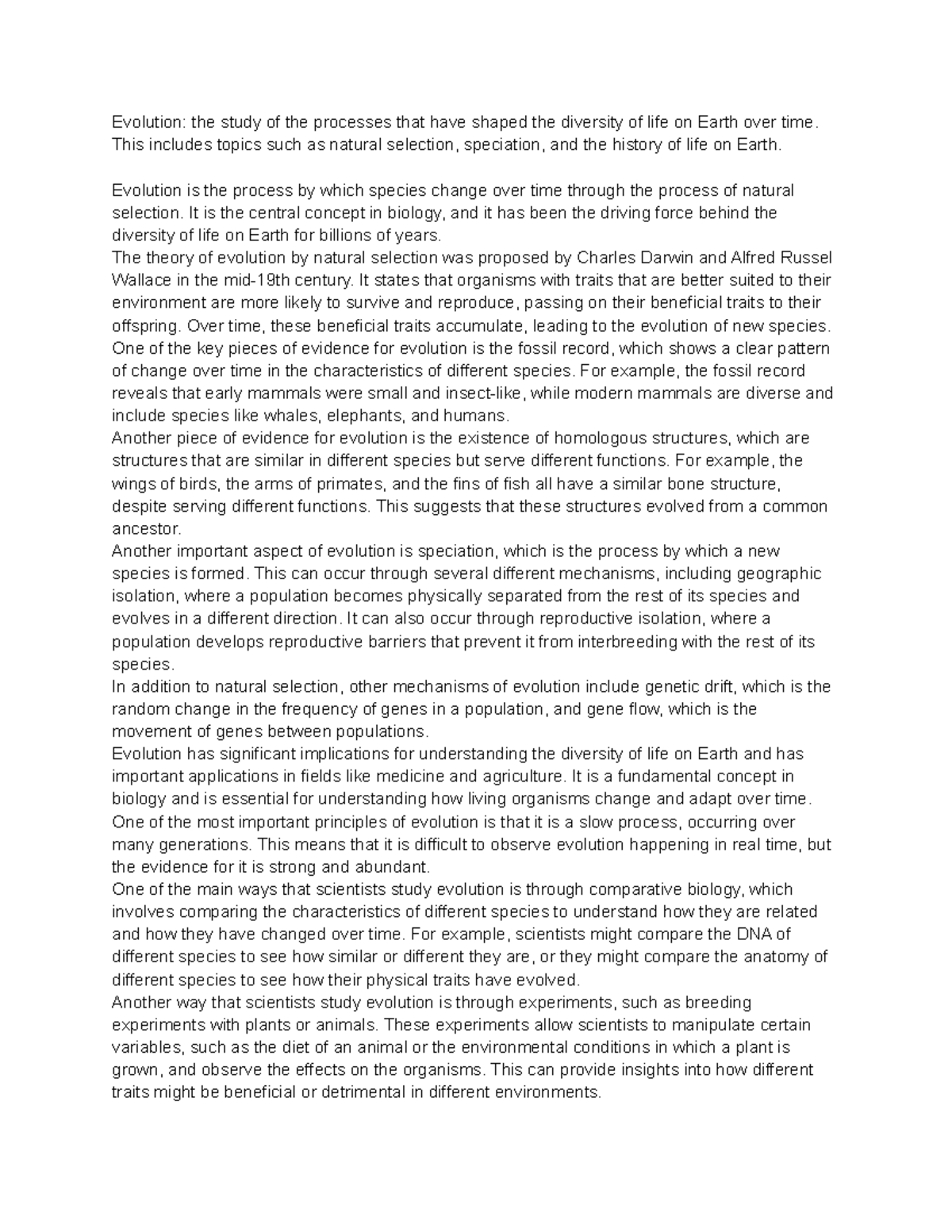 Biology 1 - Evolution - Evolution: the study of the processes that have ...