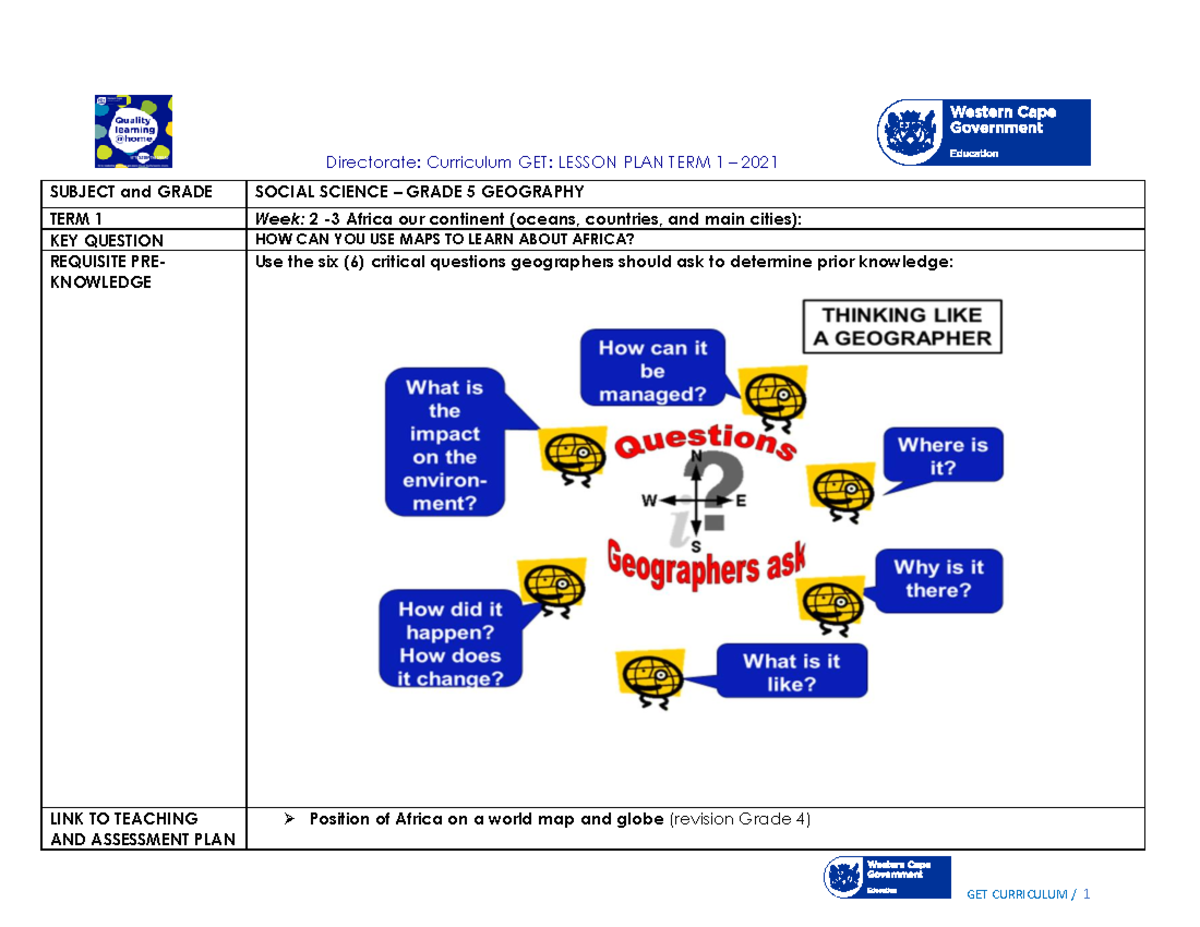 Lesson Plan IP Grade 5 SS Geography T1 W2 - Directorate: Curriculum GET ...