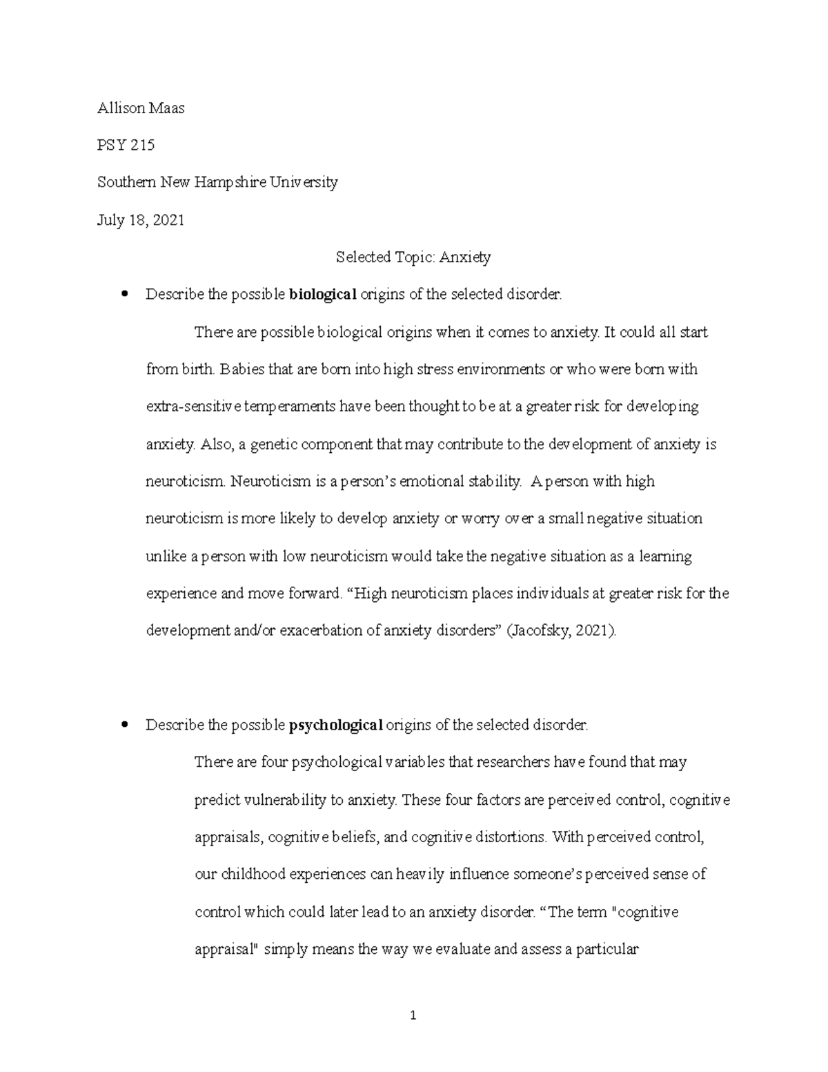 PSY 215 Module 3 Activity - Allison Maas PSY 215 Southern New Hampshire ...