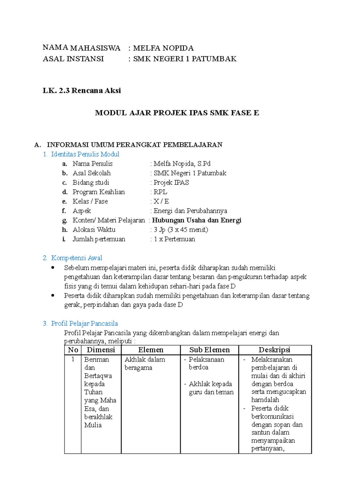 LK 2.3 Melfa Modul AJAR Projek IPAS SMK FASE E - NAMA MAHASISWA : MELFA ...