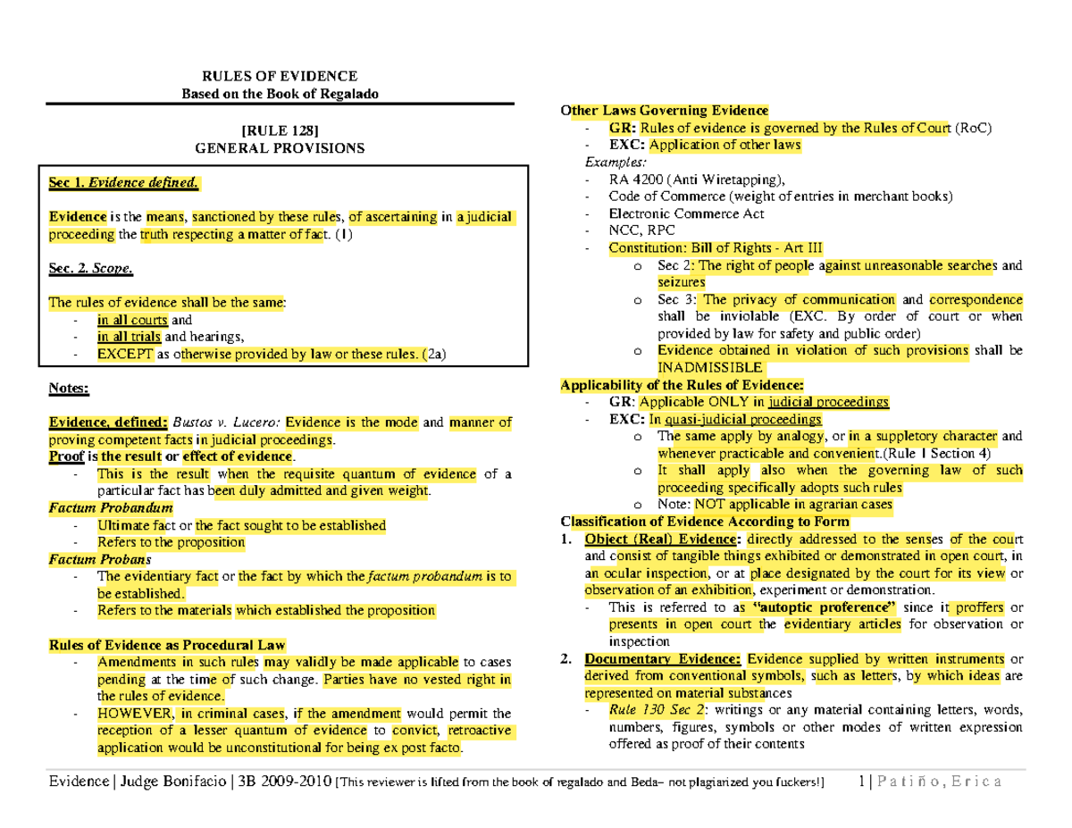 reviewer Evidence - RULES OF EVIDENCE Based on the Book of Regalado ...