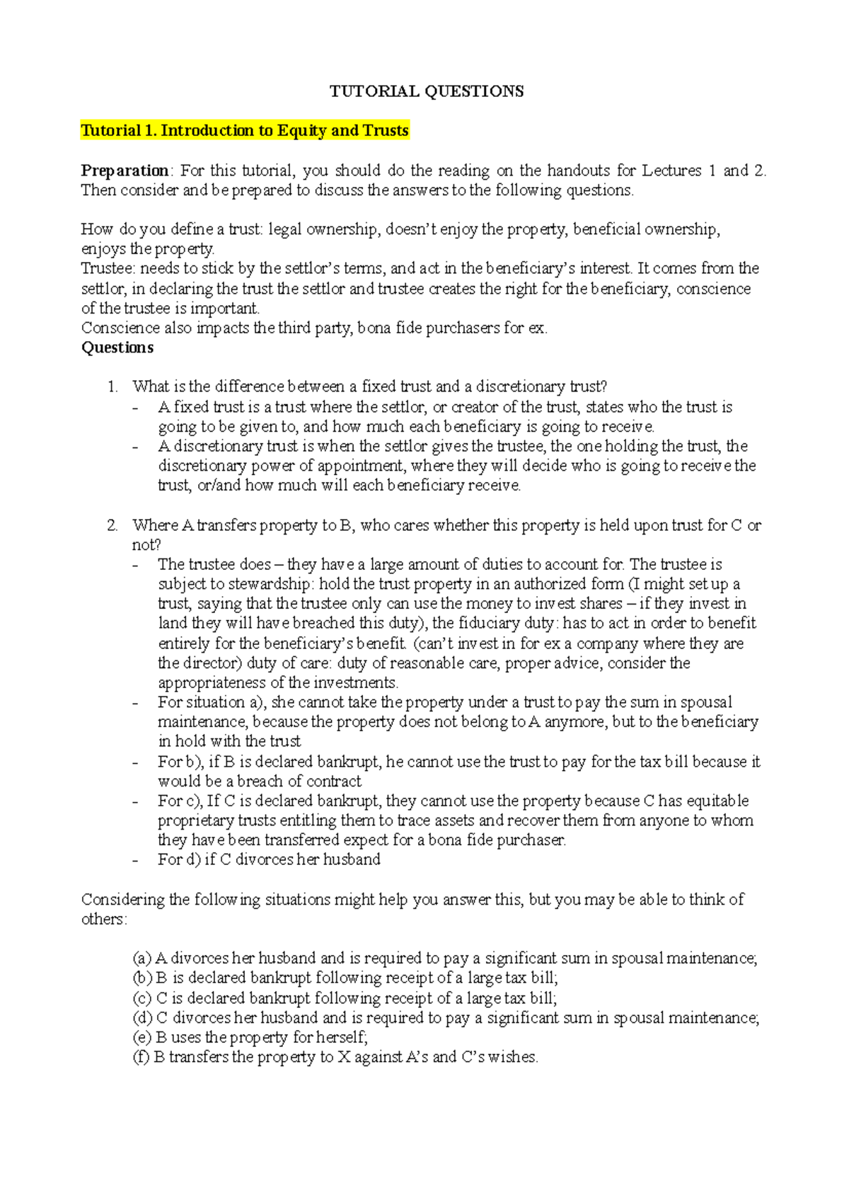 Tutorials - TUTORIAL QUESTIONS Tutorial 1. Introduction to Equity and Trusts Preparation: For ...