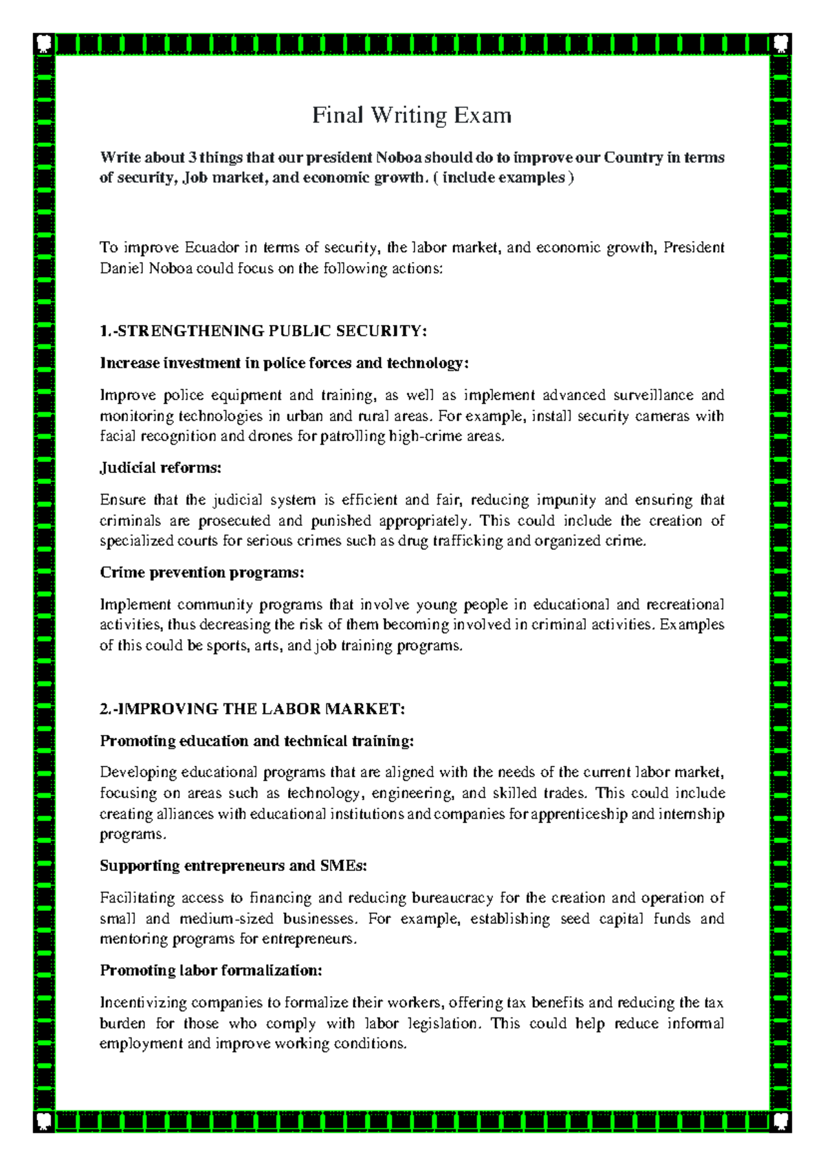 Final Writing Exam - examen esccrito - Final Writing Exam Write about 3 ...