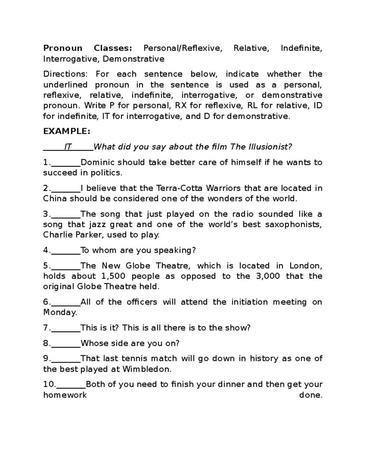 QUIZ 4 - Pronoun Classes - Pronoun Classes: Personal/Reflexive ...