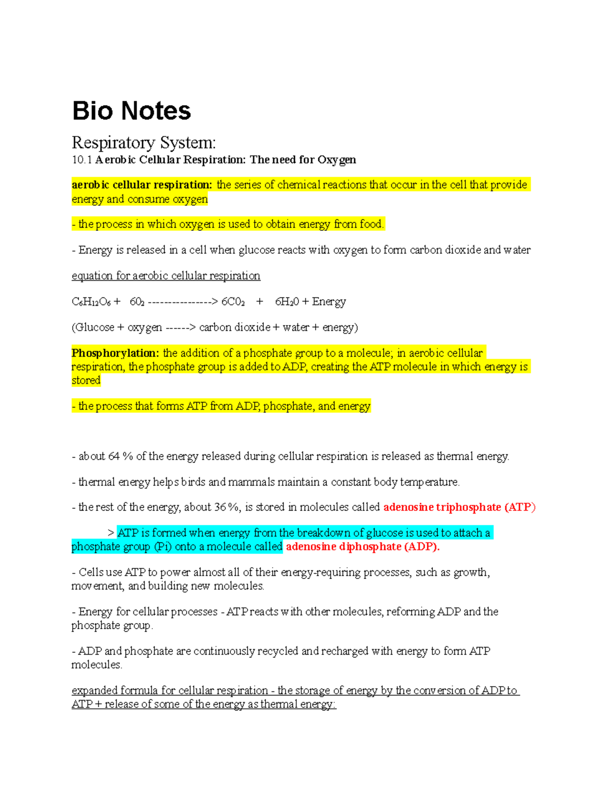 Bio Notes unit 1 cellular Respiratory system - Bio Notes Respiratory ...