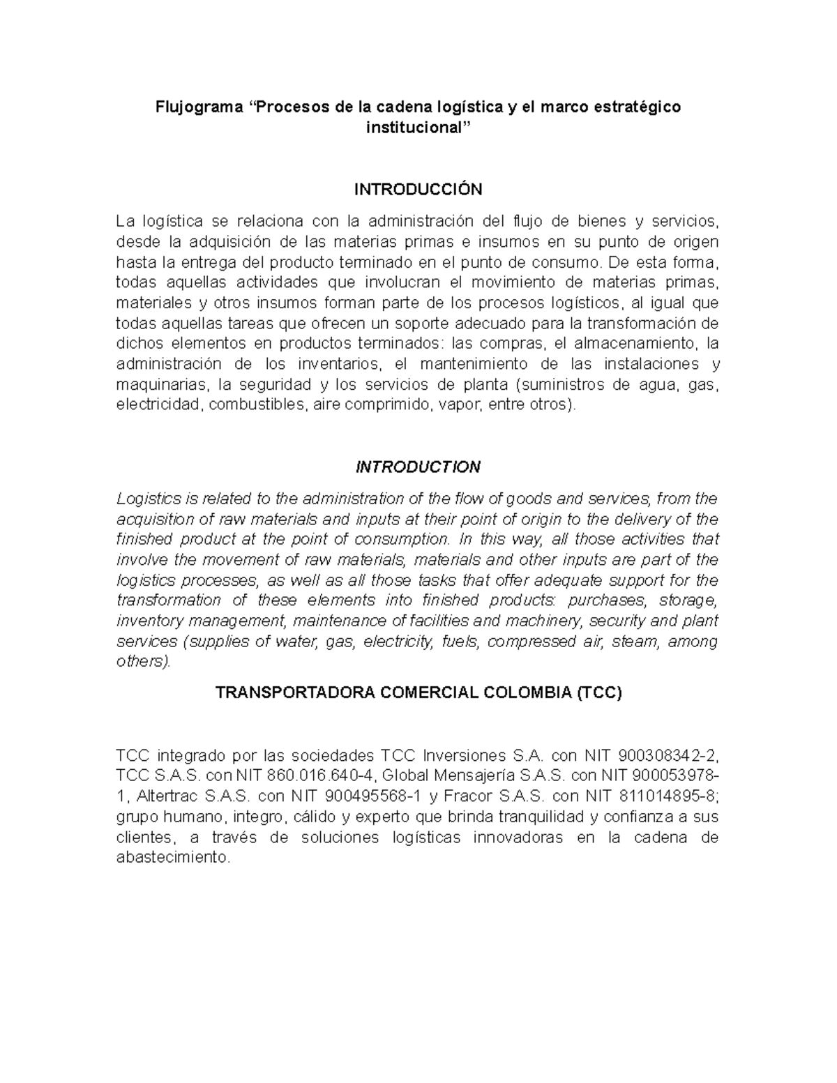 Flujograma Procesos de La Cadena Logistica y El Marco Estrategico Institucional - Flujograma ...