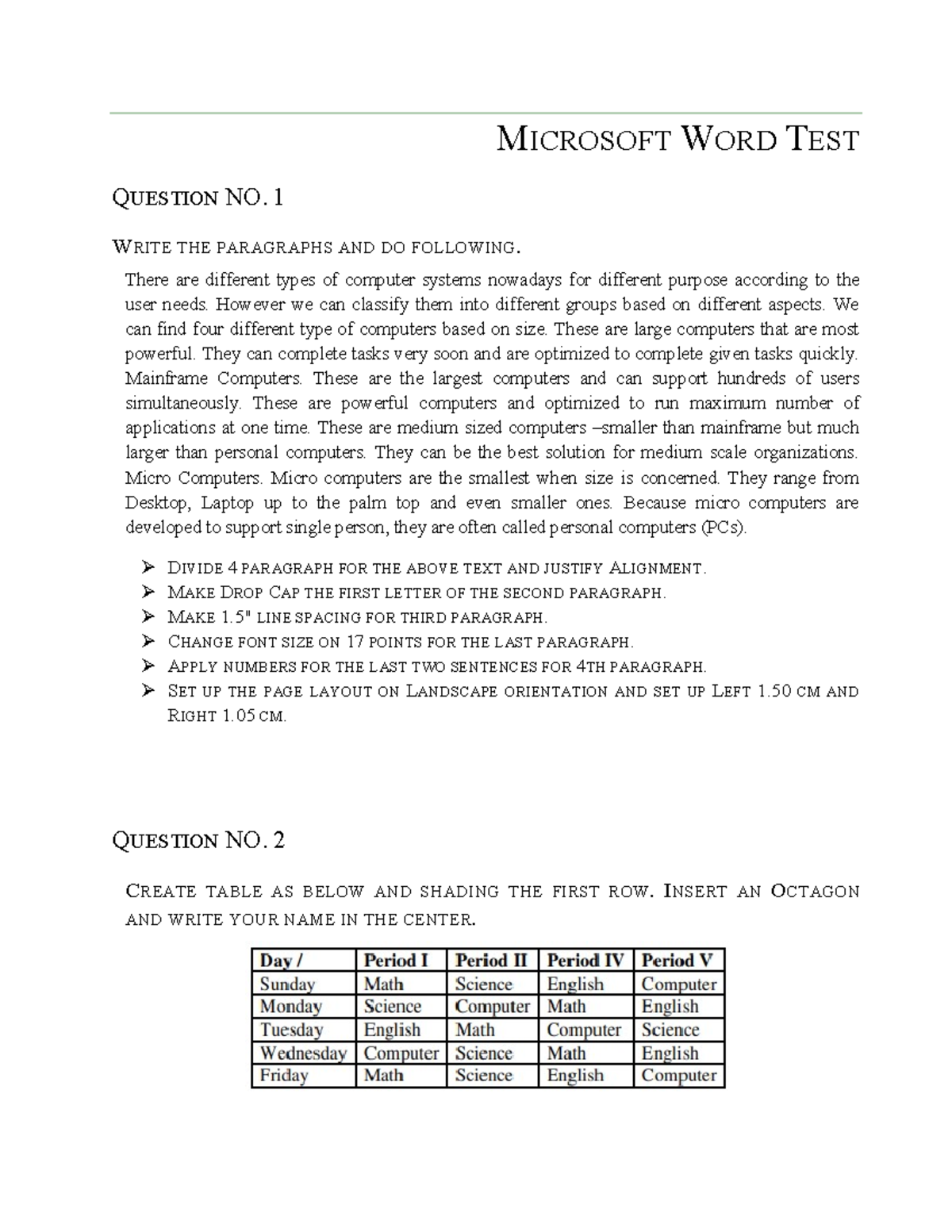 MS Word - ;;;; - MICROSOFT WORD TEST QUESTION NO. 1 WRITE THE ...