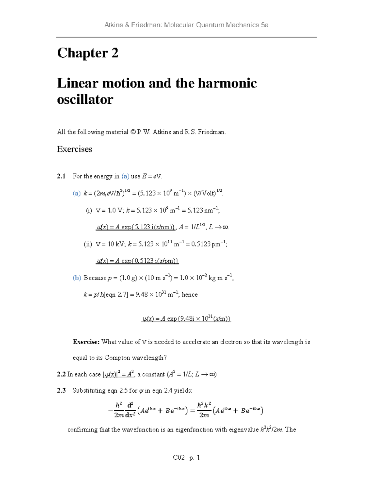 Student solutions ch02 - Chapter 2 Linear motion and the harmonic ...
