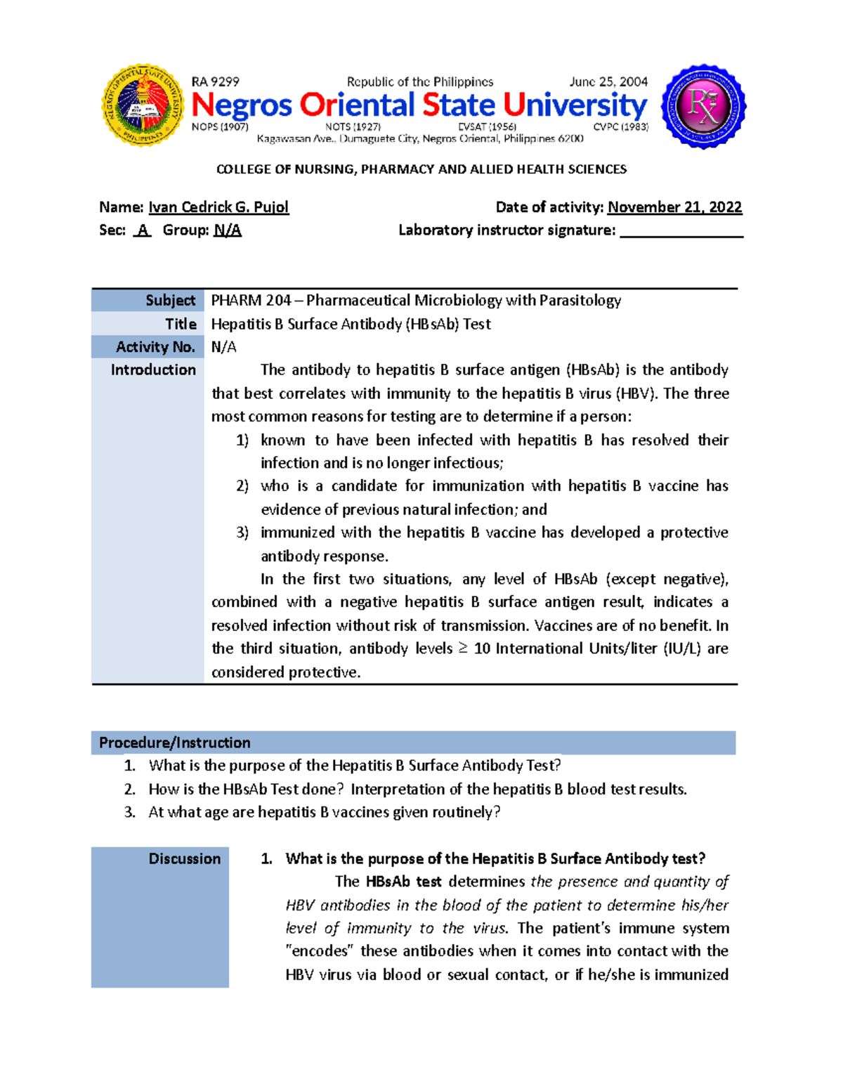 PHARM 204 Hepatitis B Surface Antibody (HBs Ab) Test - Name: Ivan ...