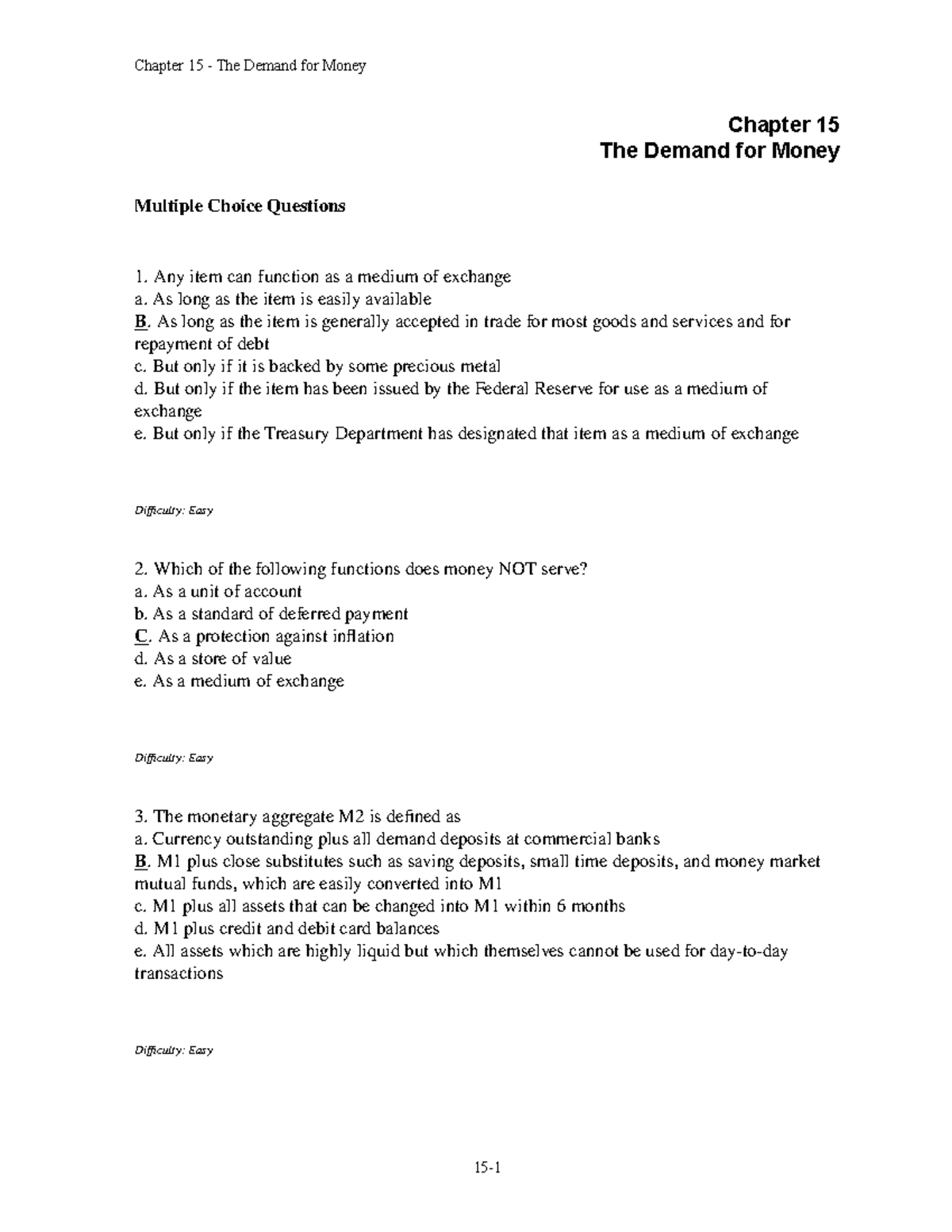 Tb Chap 015 - Chapter 15 The Demand for Money Multiple Choice Questions ...