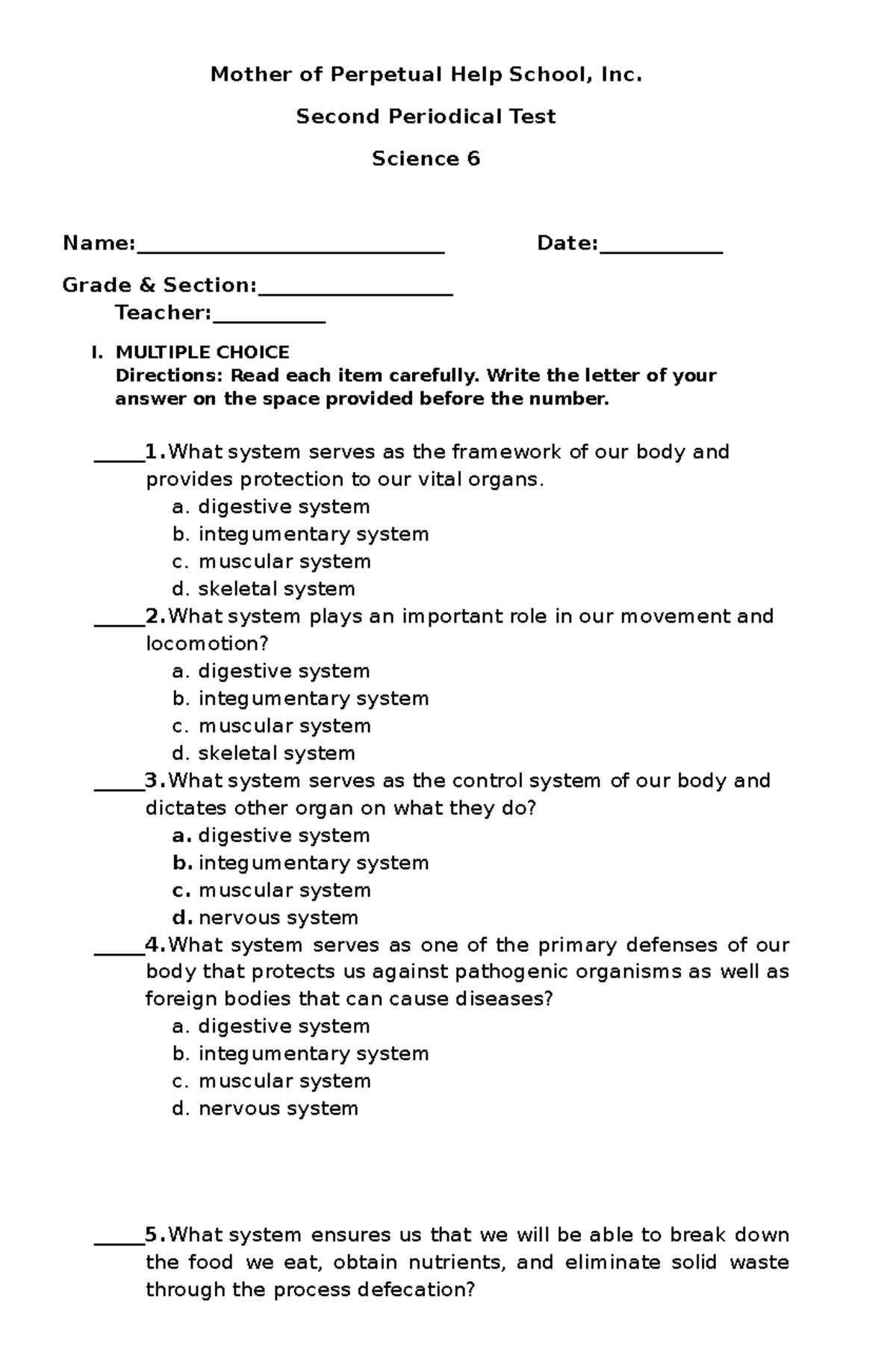 Second Periodical TEST IN Science 6 - Mother of Perpetual Help School ...