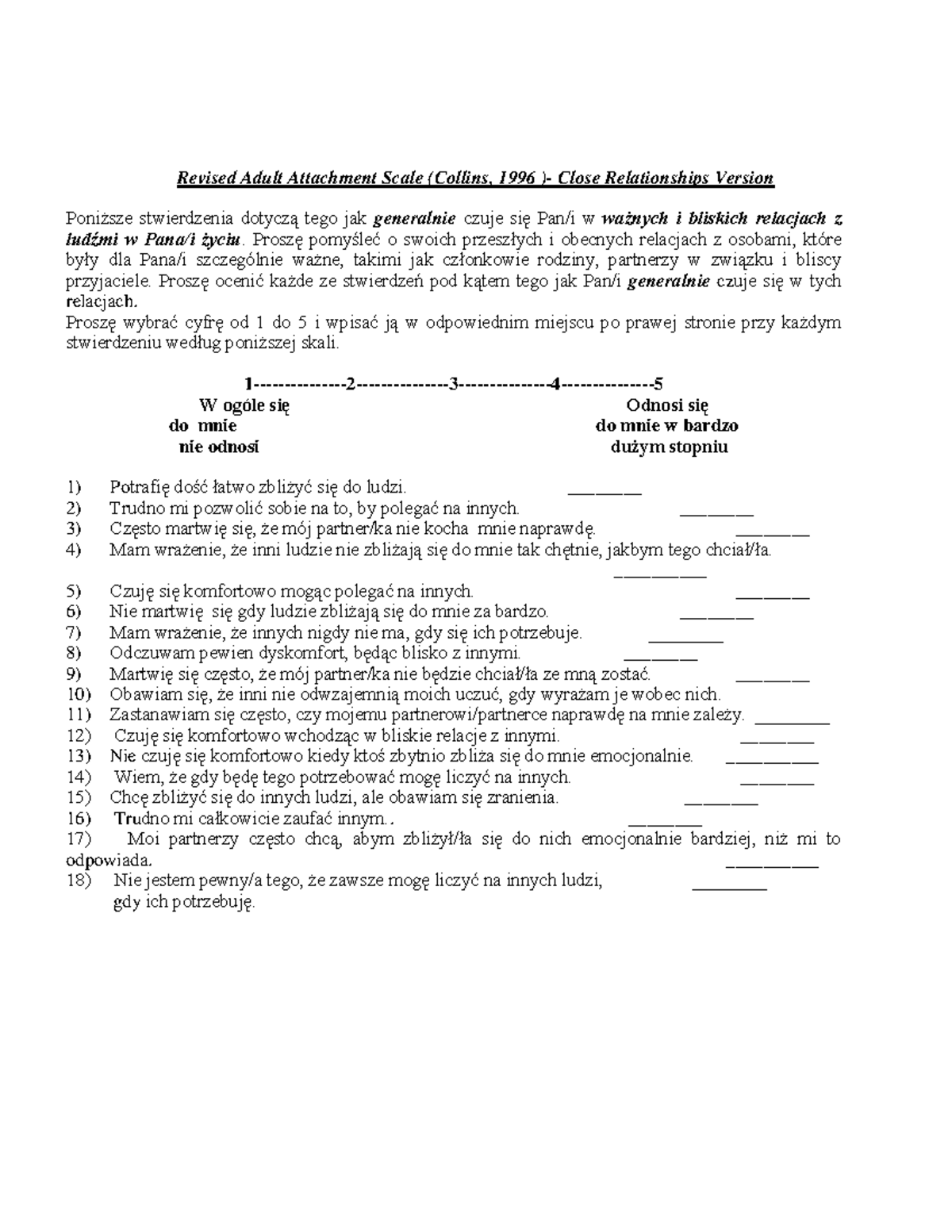Adult Attachment Scale RAAS Klucz-1 - Revised Adult Attachment Scale ...