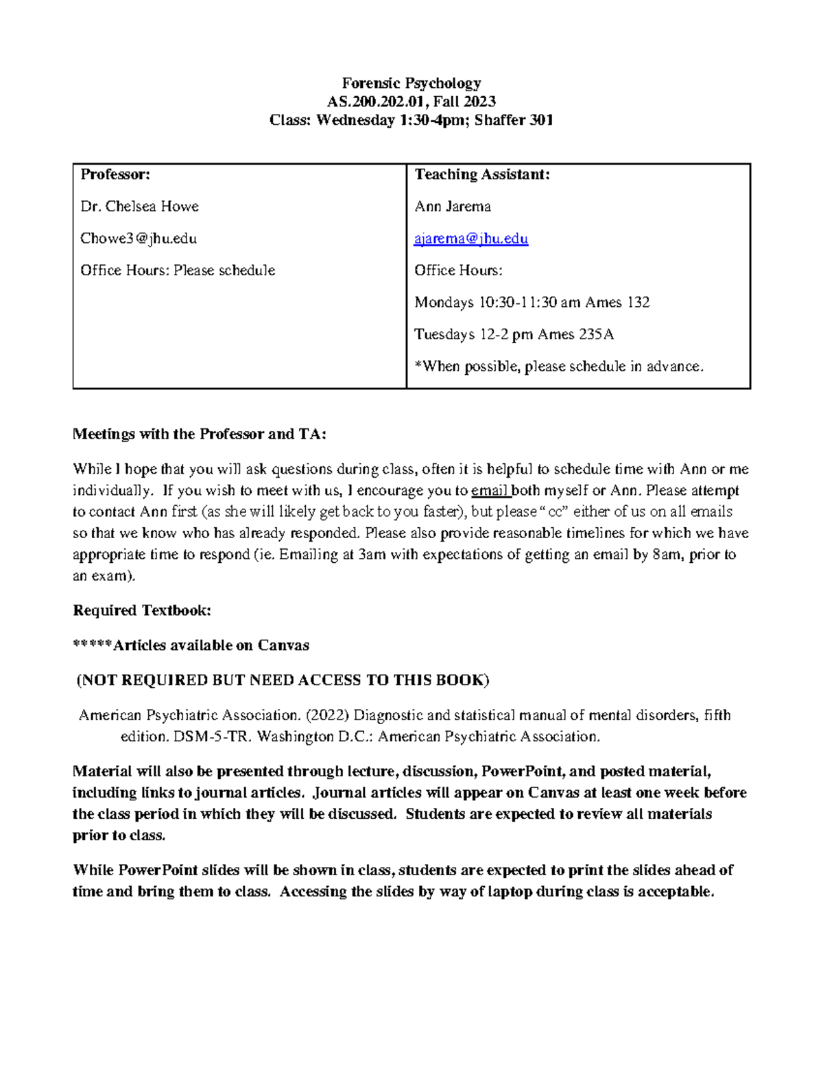 Forensic Syllabus-2023 - Forensic Psychology AS.200.202, Fall 20 23 ...