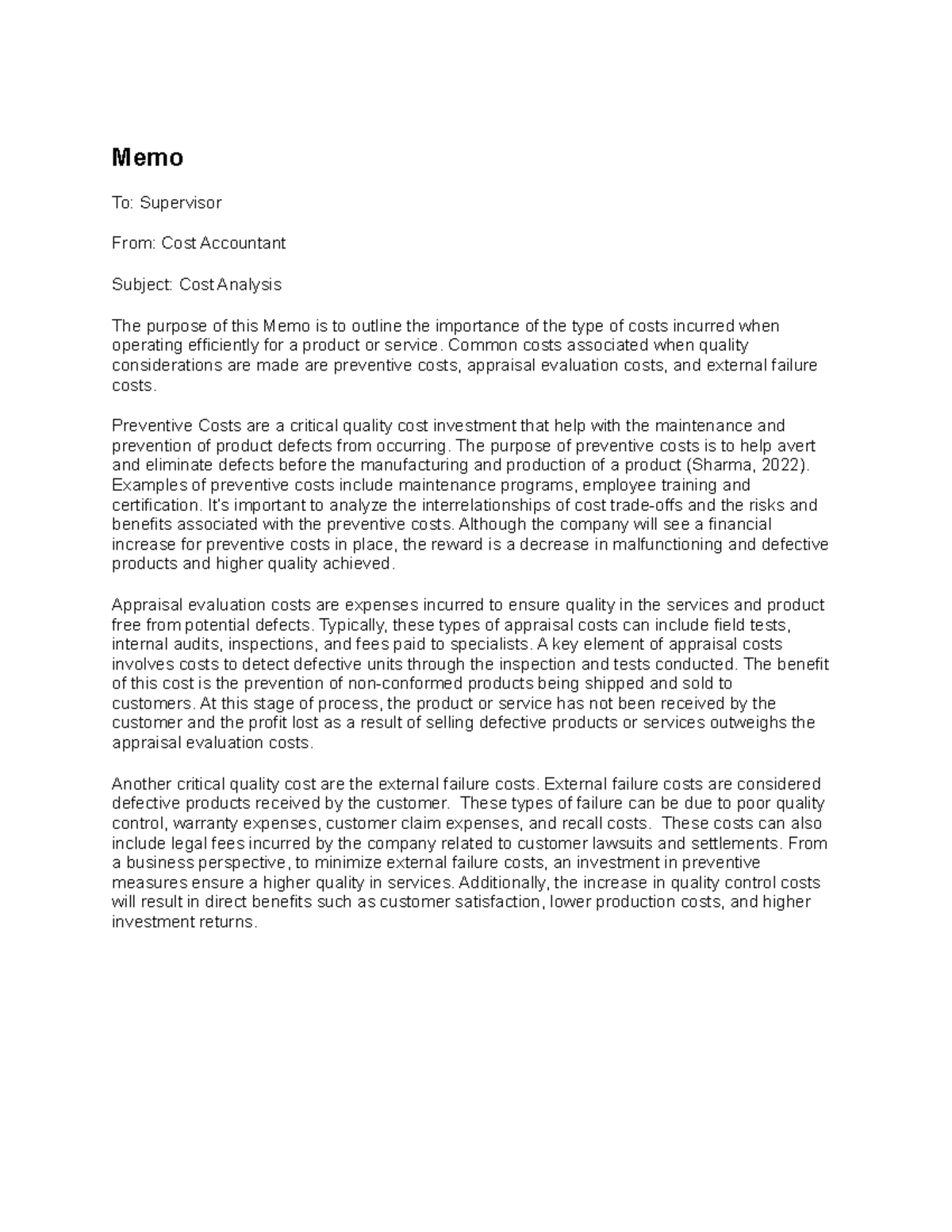 AVM1 - Task 1 - AVm1 - Memo To: Supervisor From: Cost Accountant ...