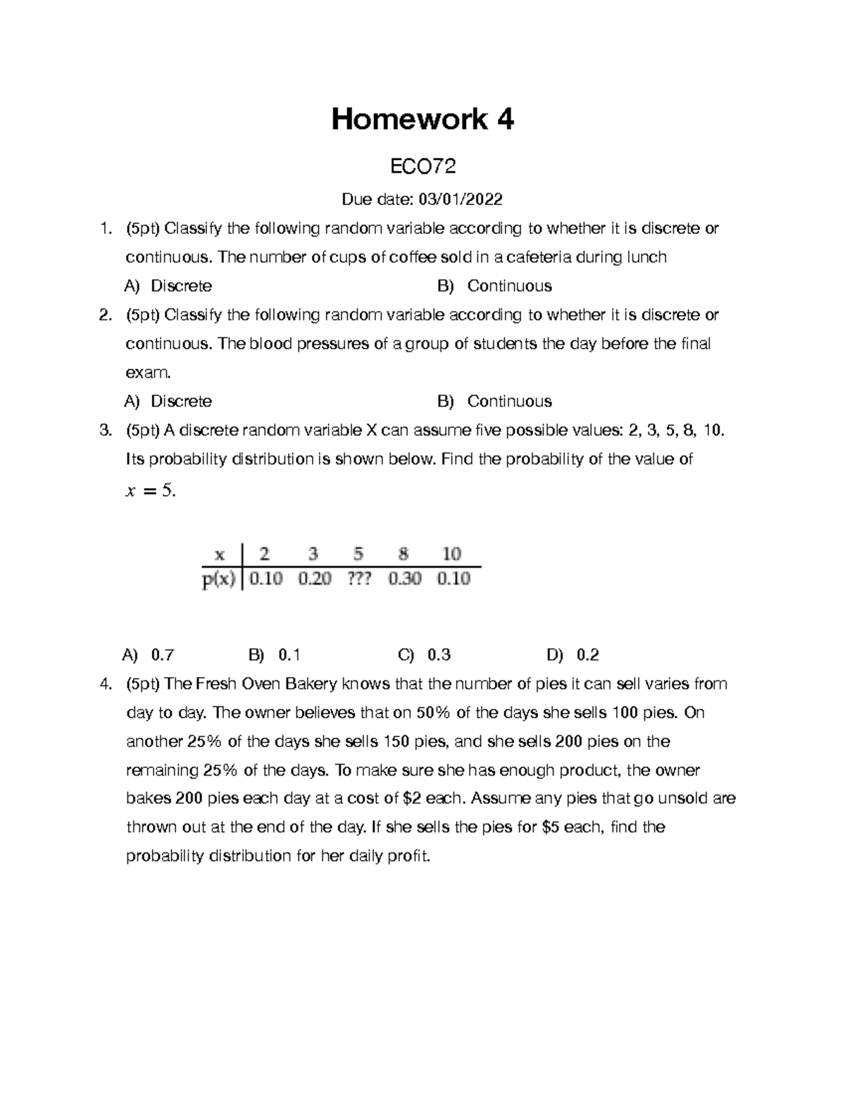 Hw4 - Prof. Caixuan Sun - Homework 4 ECO Due date: 03/01/ (5pt ...
