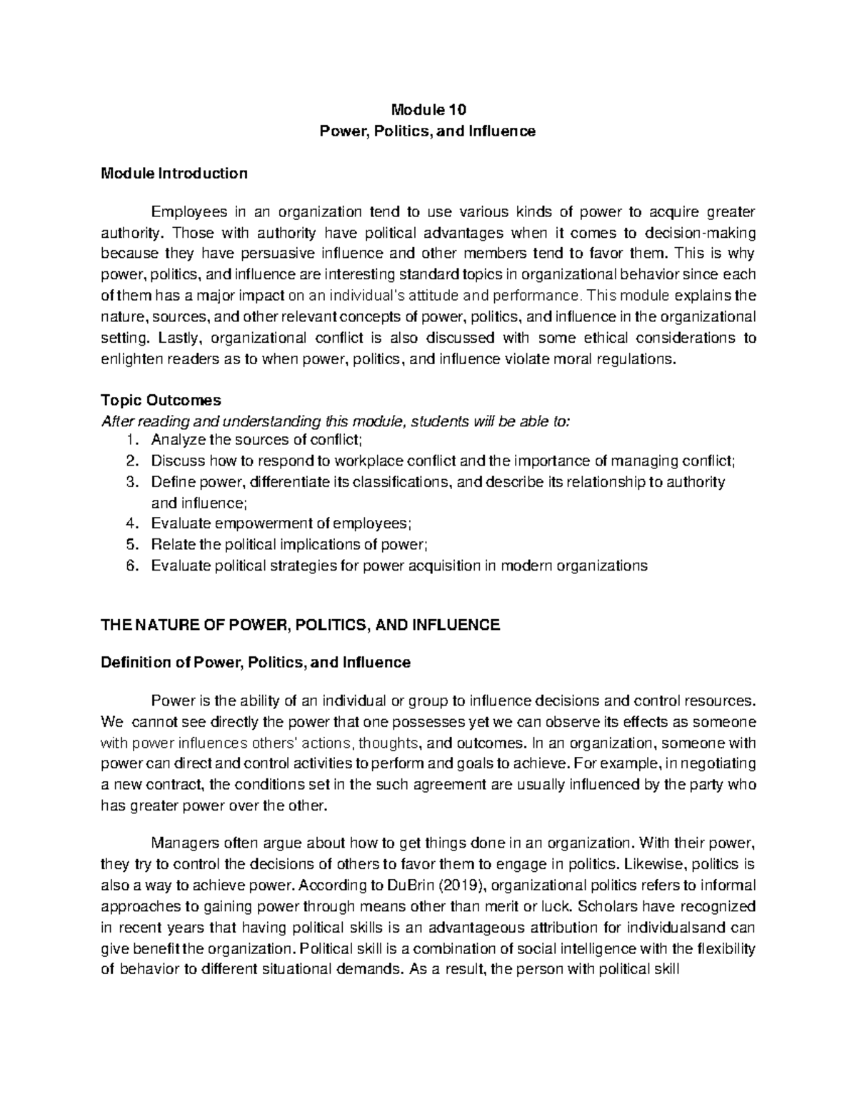 Module 10 - hbo - Module 10 Power, Politics, and Influence Module Introduction Employees in an ...