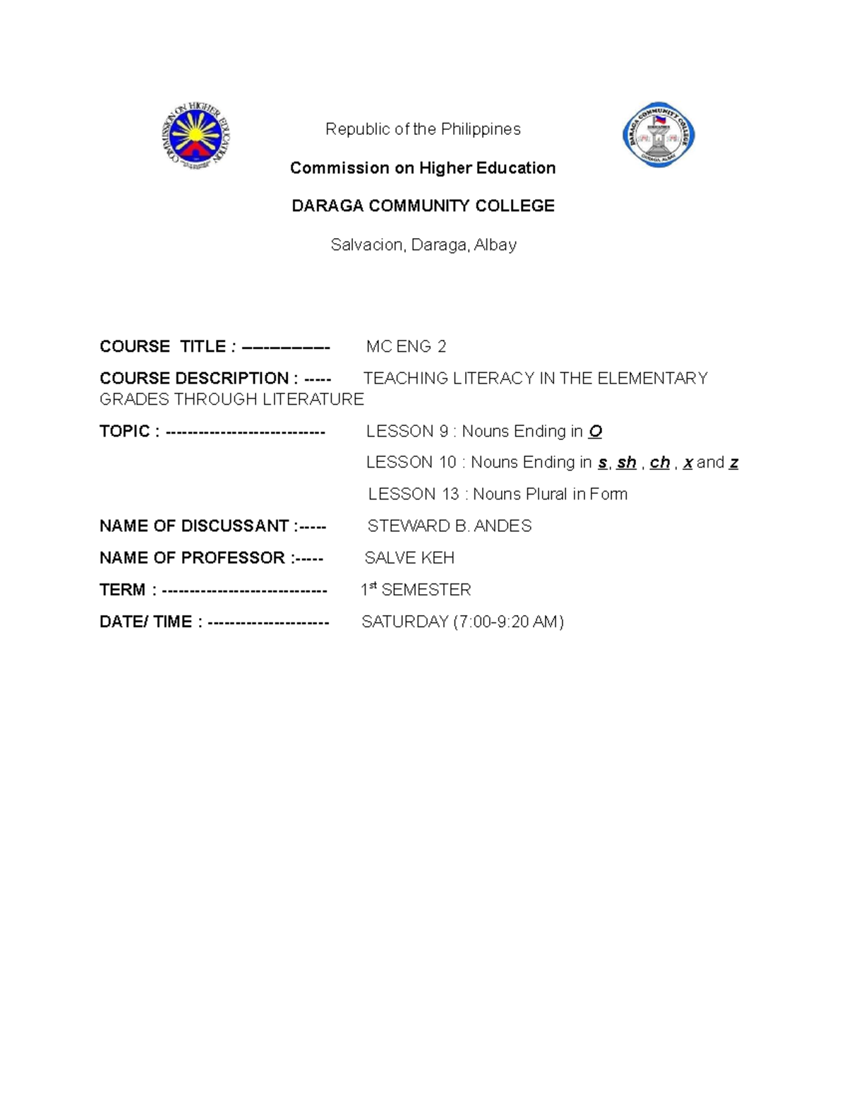 Handouts of ENG 2 - Republic of the Philippines Commission on Higher Education DARAGA COMMUNITY ...