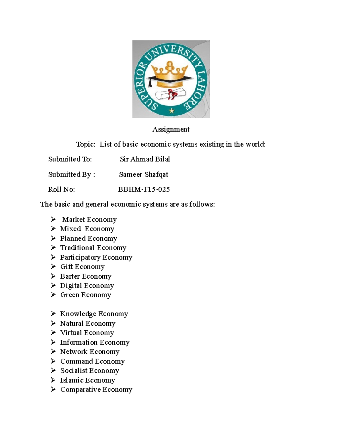 Barter - Lecture notes 1 - Assignment Topic: List of basic economic ...