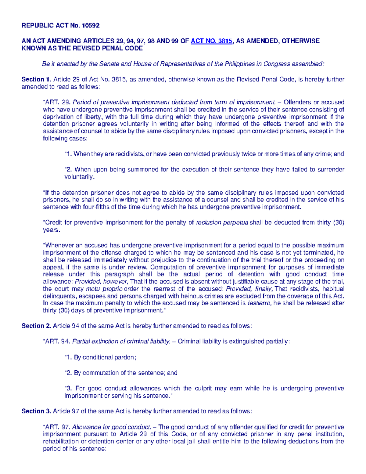 RA 10592 REPUBLIC ACT No 10592 AN ACT AMENDING ARTICLES 29 94 97