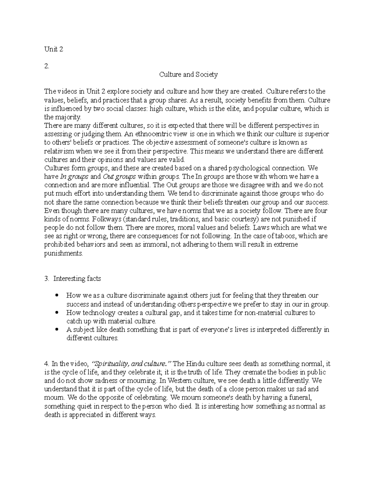 Unit 2 assigment - unit2 - Unit 2 Culture and Society The videos in ...