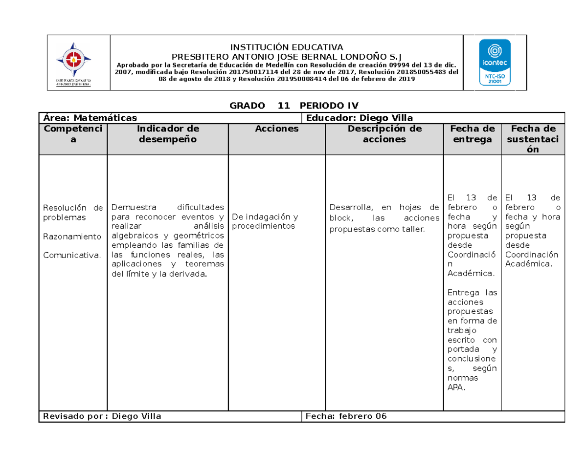 Plan de estrategias de apoyo Grado 11 - Período IV - 2023 - INSTITUCIÓN ...