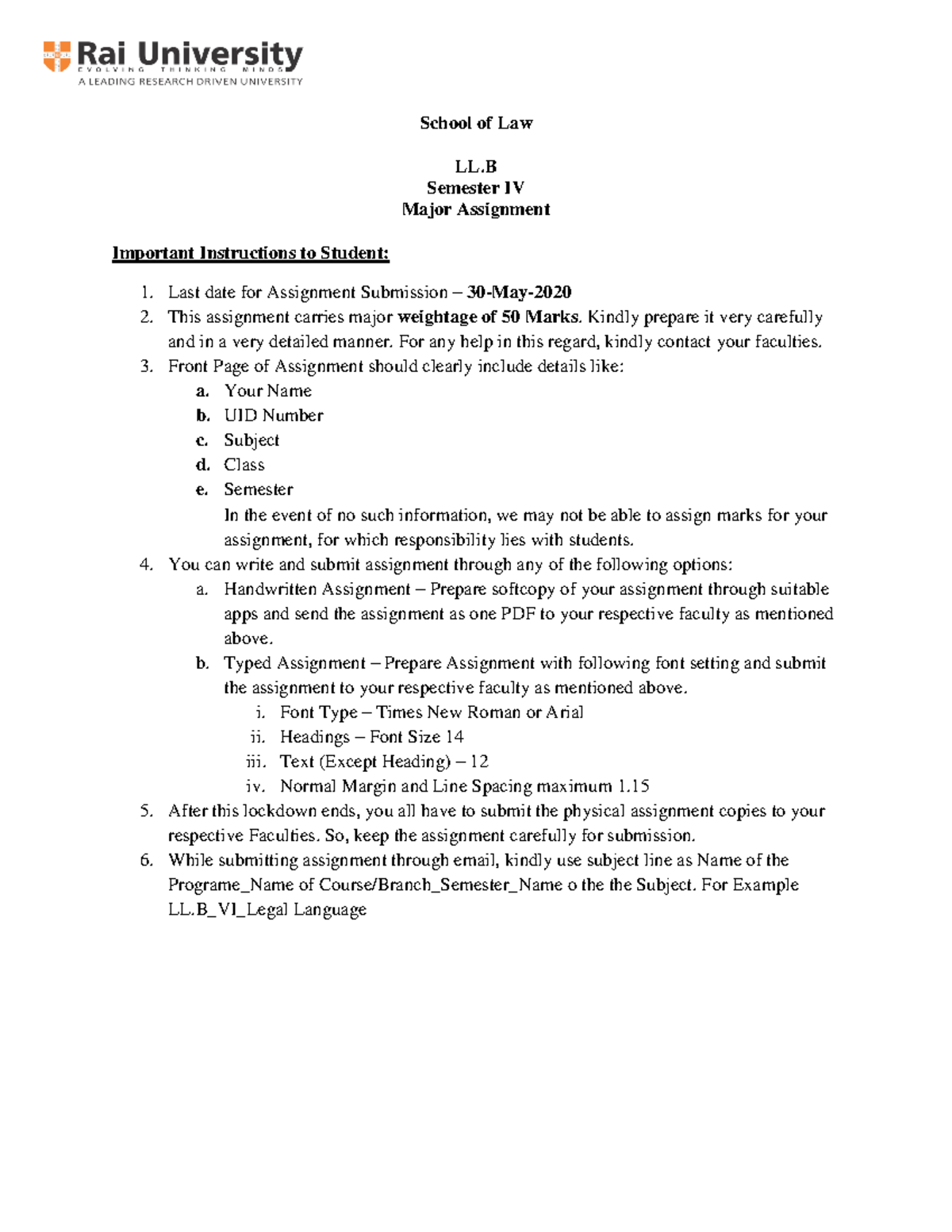 LLB-4 - School of Law LL Semester IV Major Assignment Important Instructions to Student: Last ...